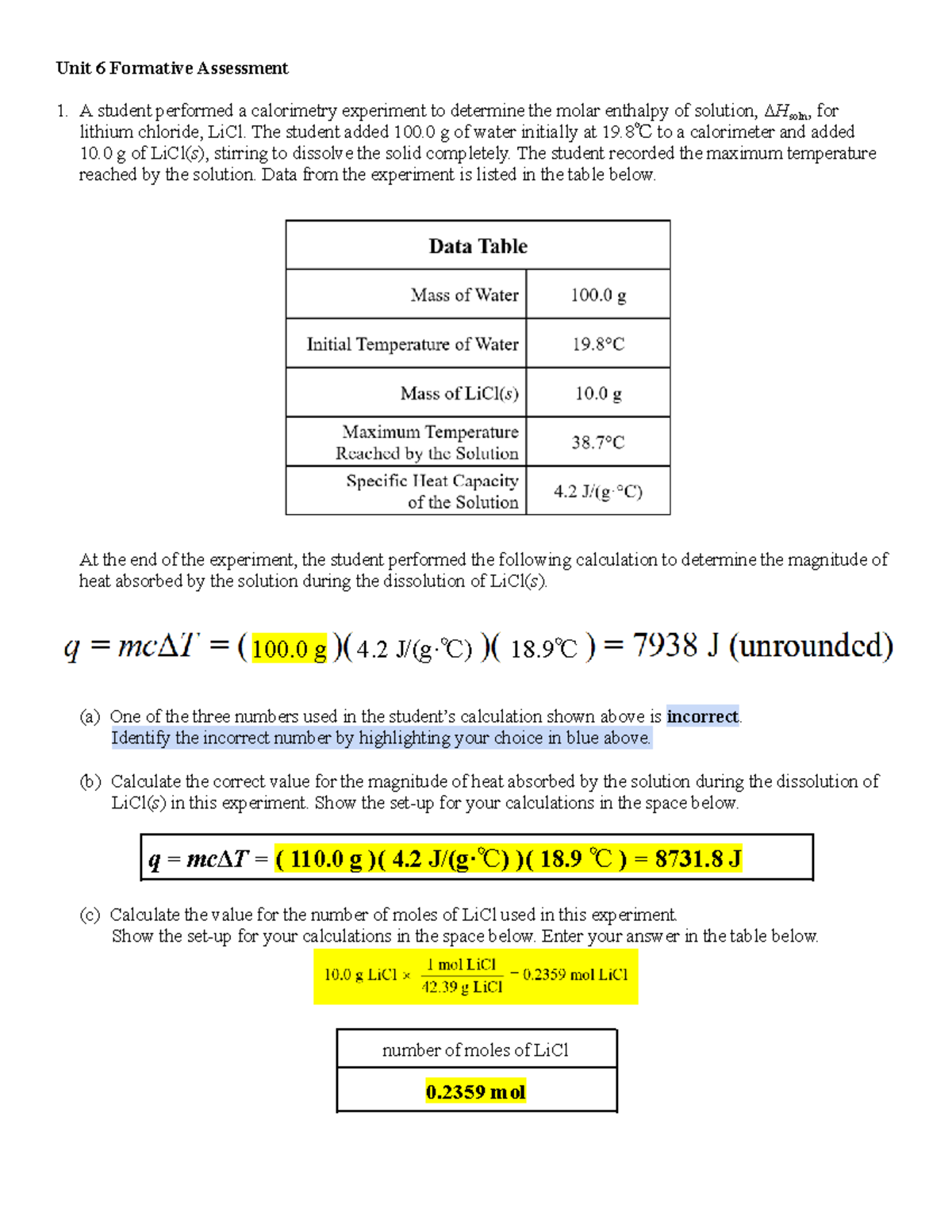 AP Chemistry Review Unit 6: Calorimetry & Thermodynamics Solutions ...