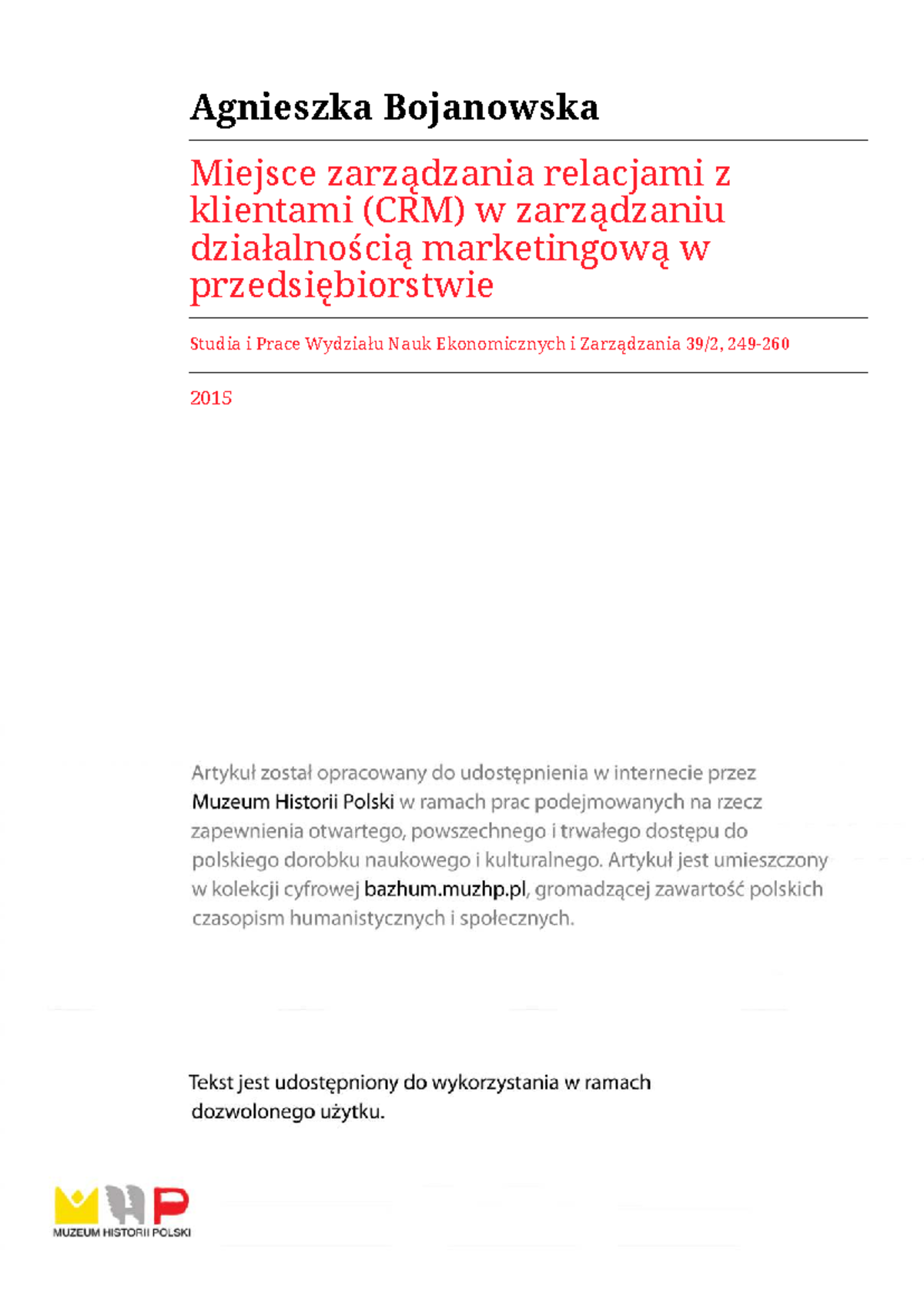 Miejsce CRM w Zarządzaniu Działalnością Marketingową - STUDIA I PRACE ...