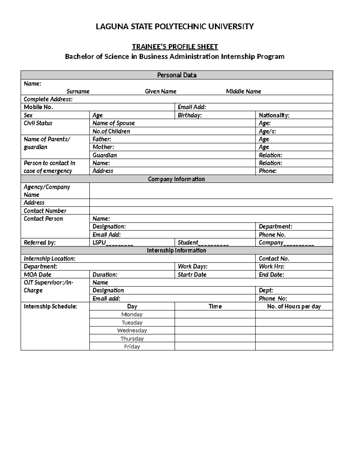 LSPU Trainee Profile Sheet for BSBA Internship Program - Studocu