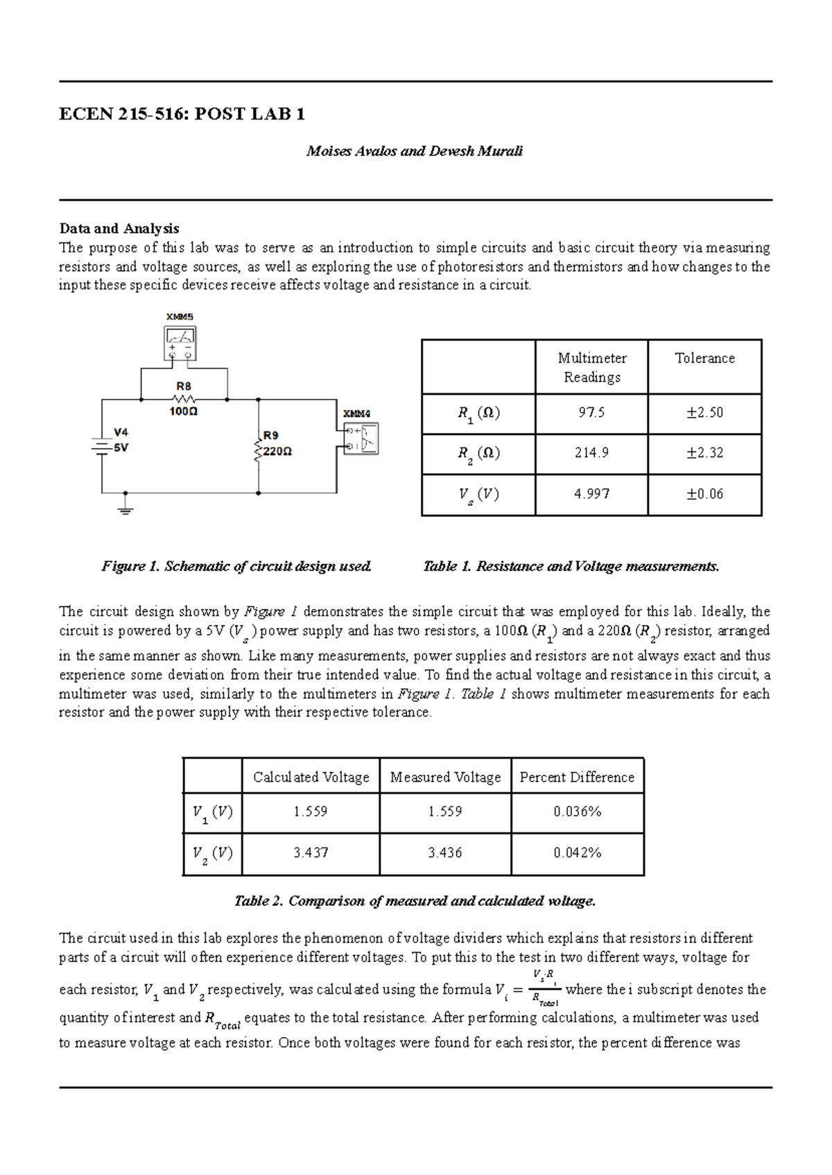 ECEN 215 - 516 - Post Lab 1: Simple Circuits & Component Analysis - Studocu