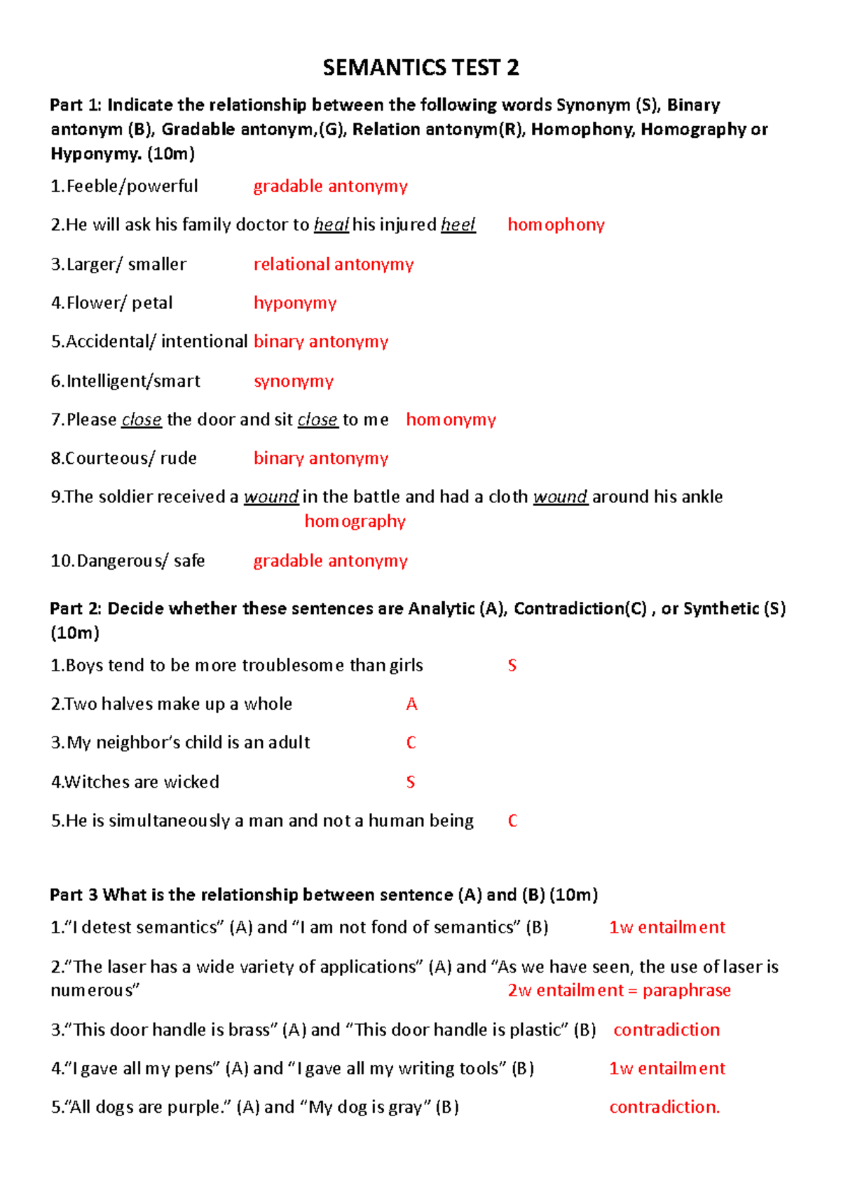 Semantics Test 2 - Analysis of Relationships and Sentence Structures ...