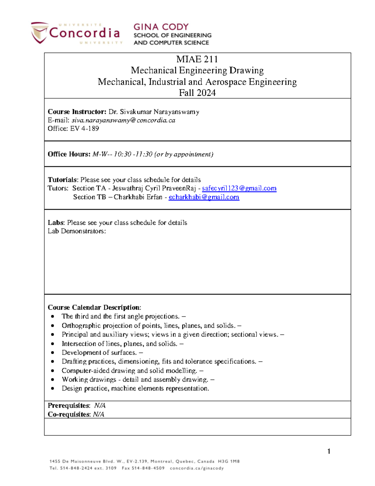 MIAE 211 Mechanical Engineering Drawing Course Outline - Fall 2024 ...