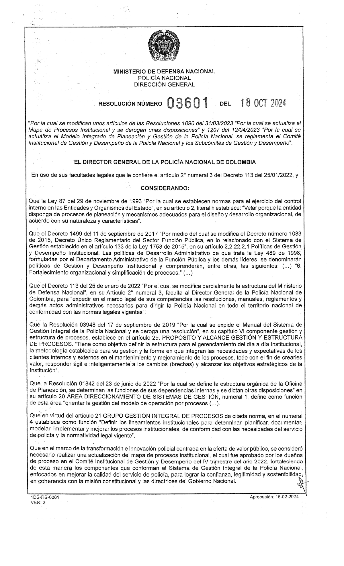 Modificación a la Resolución 03601 del 18 Octubre 2024 - Policía ...