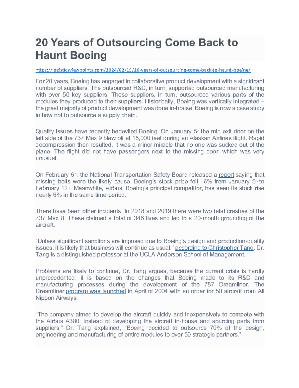 Boeing's 20-Year Outsourcing Issues: Quality & Control Failures - Studocu