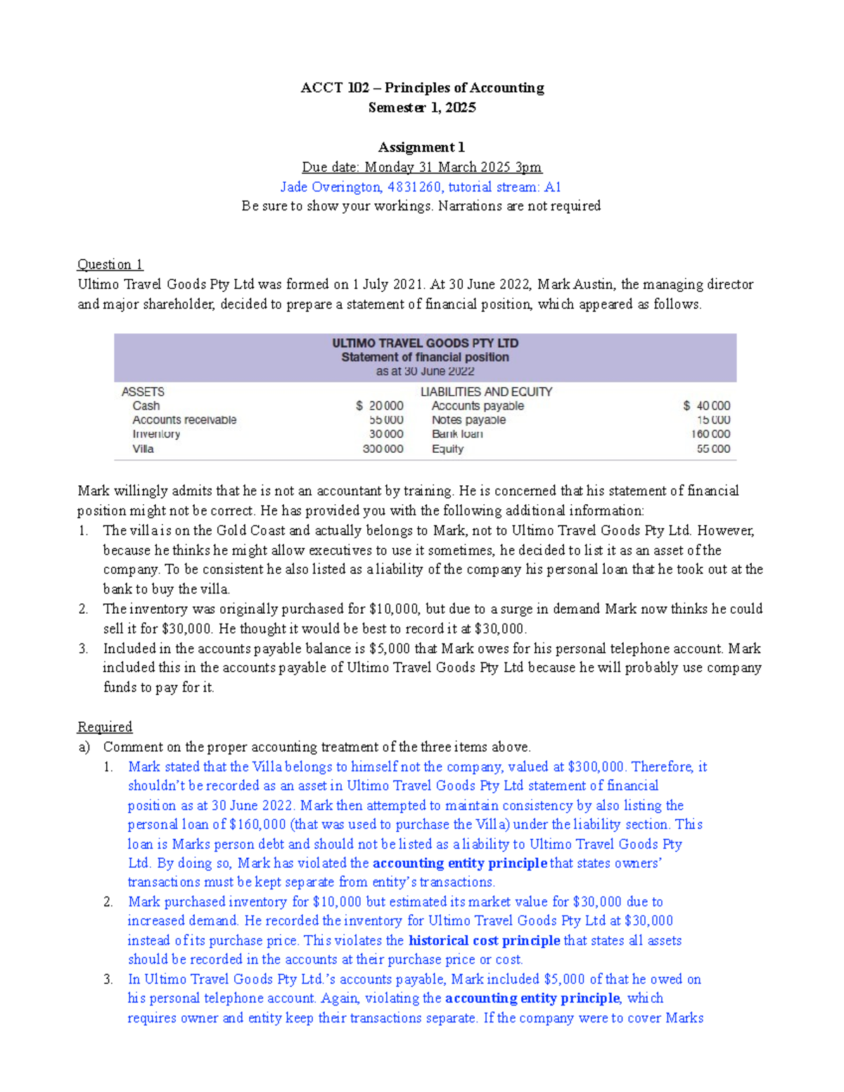 ACCT 102 Assignment 1: Principles of Accounting Analysis & Corrections ...