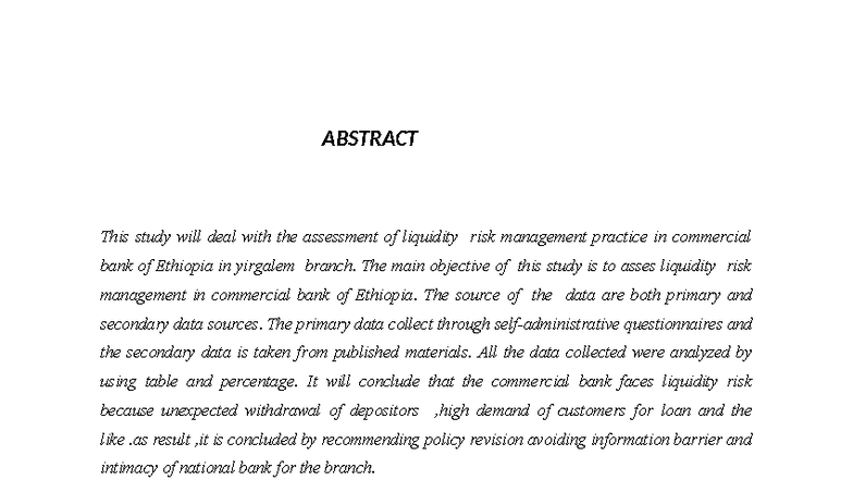 Assessment of Liquidity Risk Management in CBE: Yirgalem Branch - Studocu