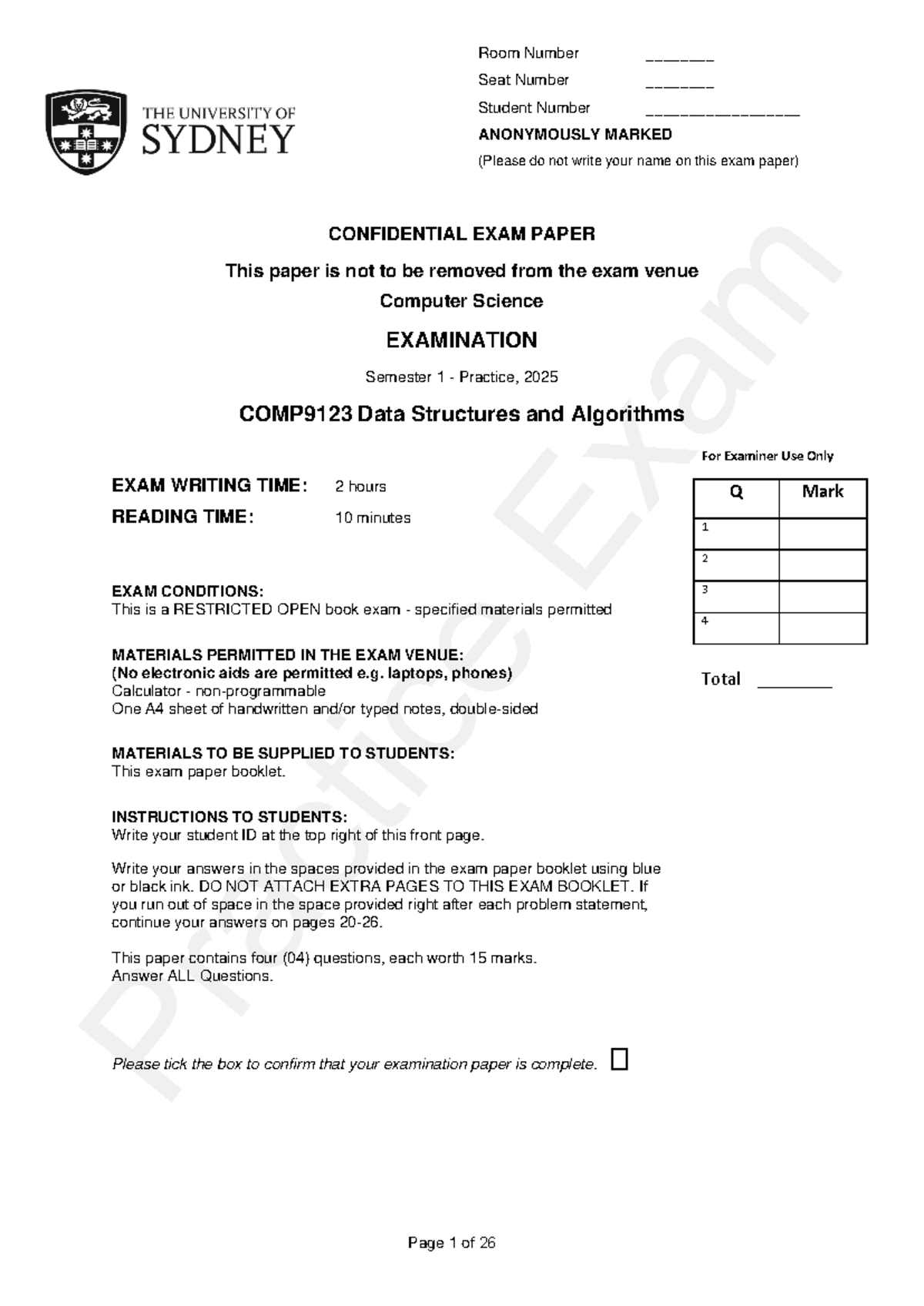 COMP9123 Final Exam Practice - Data Structures & Algorithms (S1, 2025) - Studocu