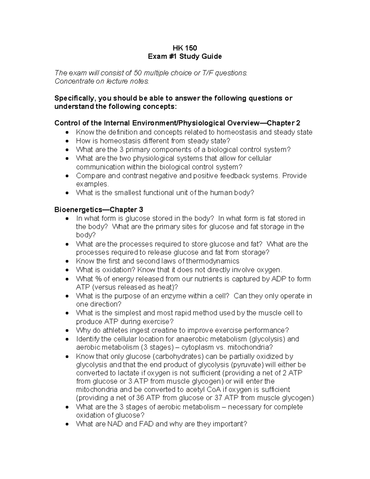 KINES 150 Exam #1 Study Guide: Key Concepts in Exercise Physiology - Studocu
