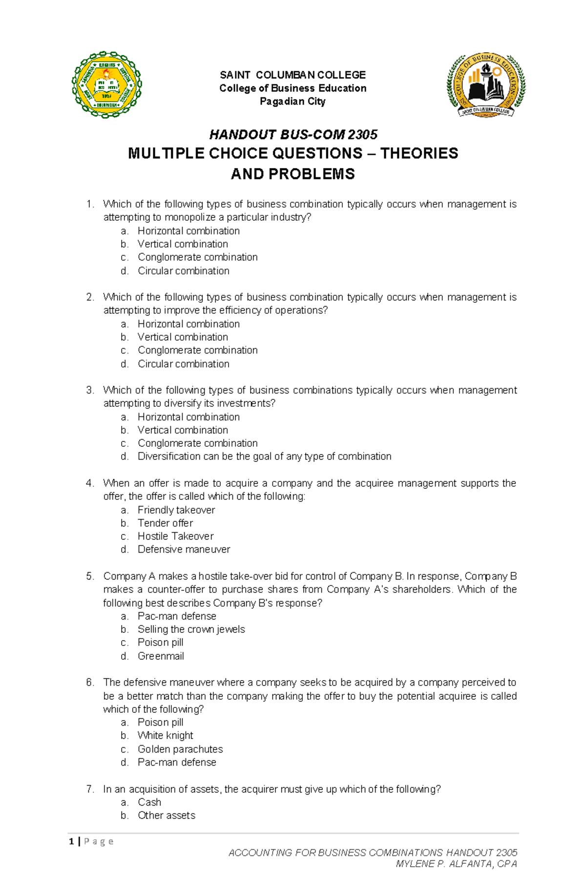 Revised Title: Comprehensive Handout on Business Combinations - BUS-COM ...