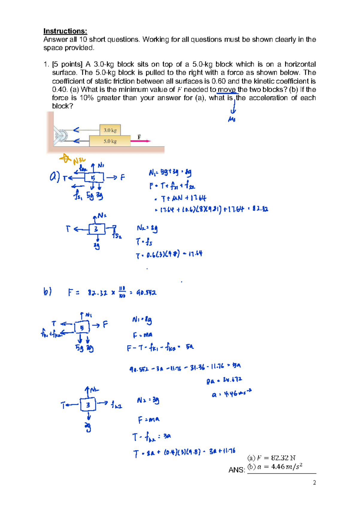 Quiz 1 2024: Short Questions on Friction and Motion - Studocu