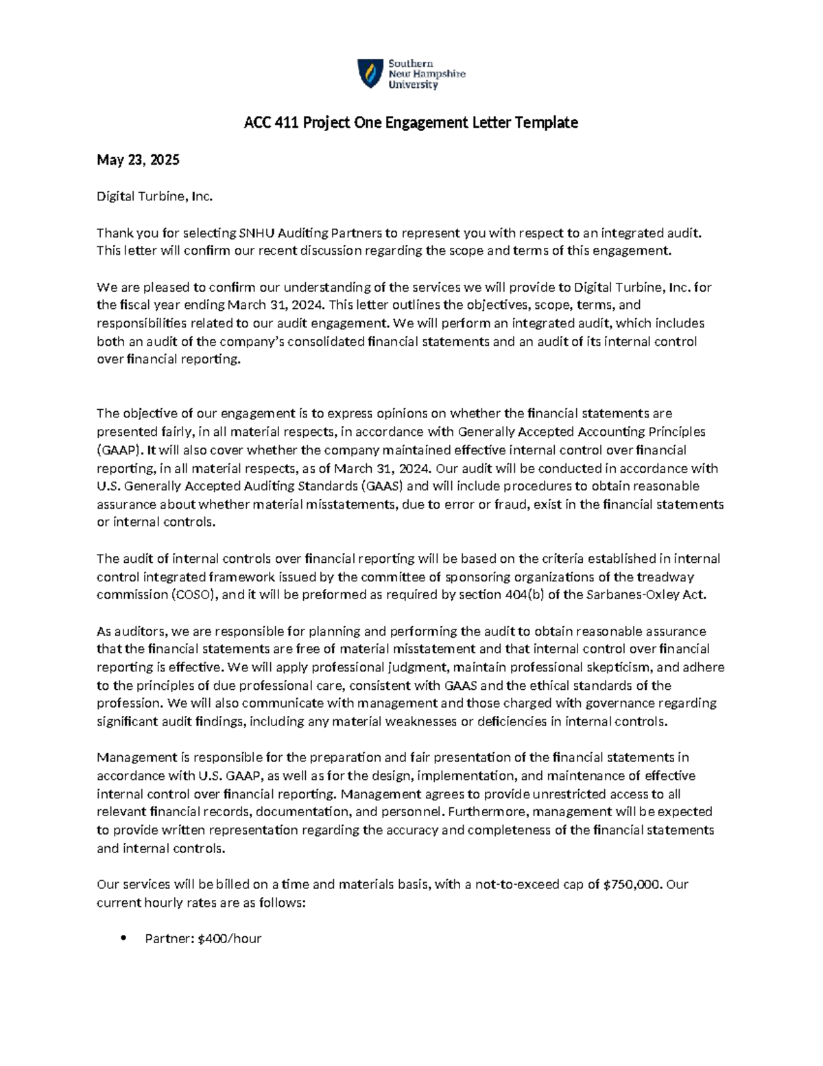 ACC 411 Project One Engagement Letter Template for Digital Turbine, Inc ...