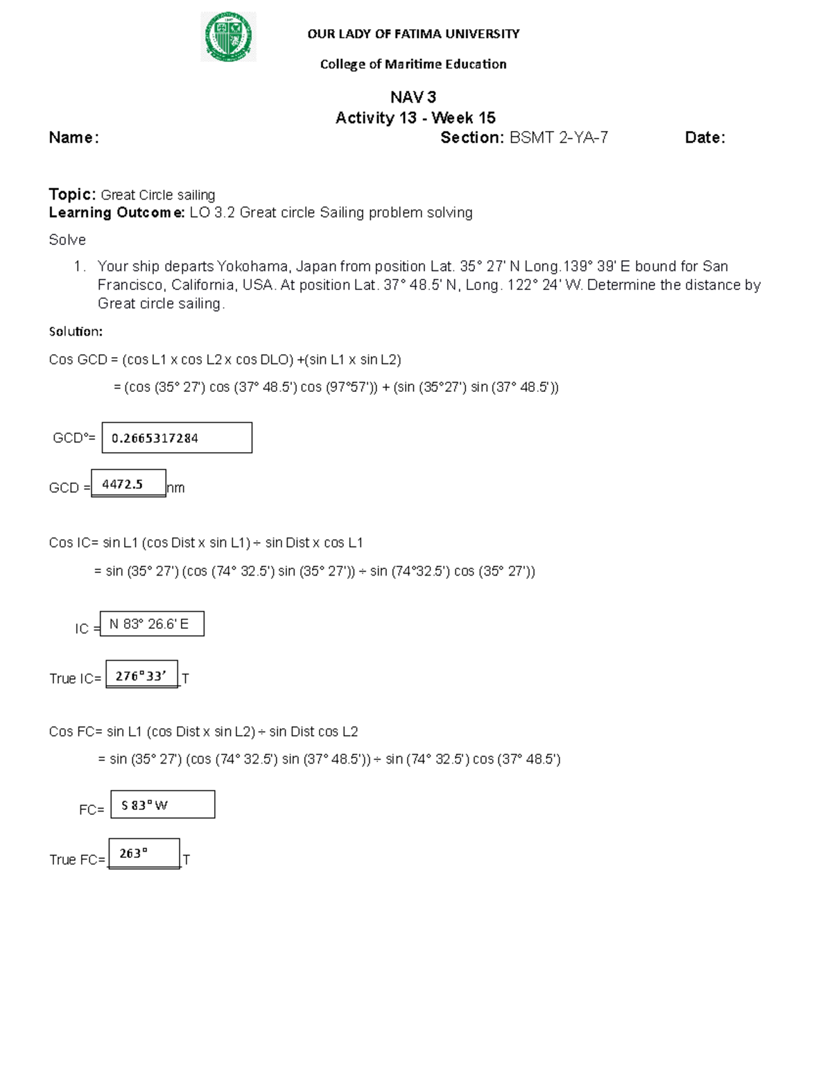NAV 3 Week 15 Great Circle Sailing Problem Solving Guide - Studocu