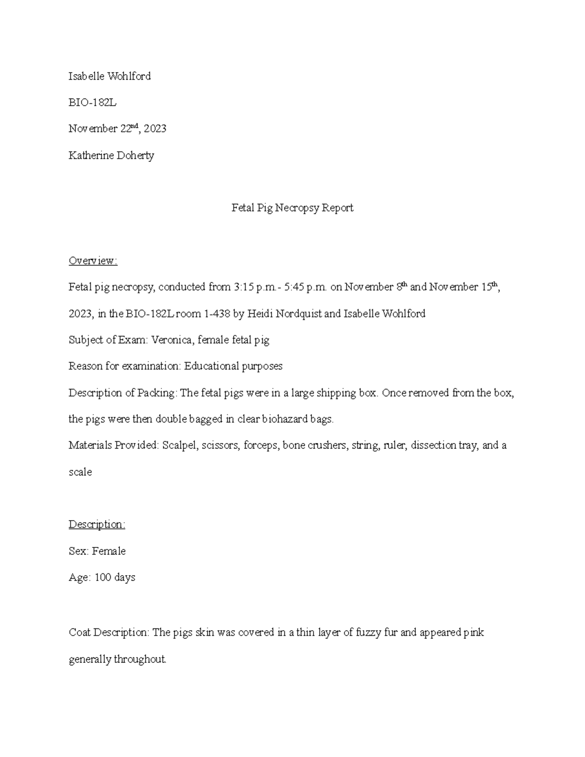 Fetal Pig Necropsy Report - BIO-182L Lab Analysis and Findings - Studocu