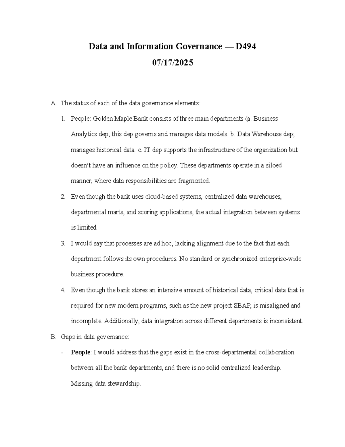 D494 Data Governance Analysis and Improvement Strategies - Studocu