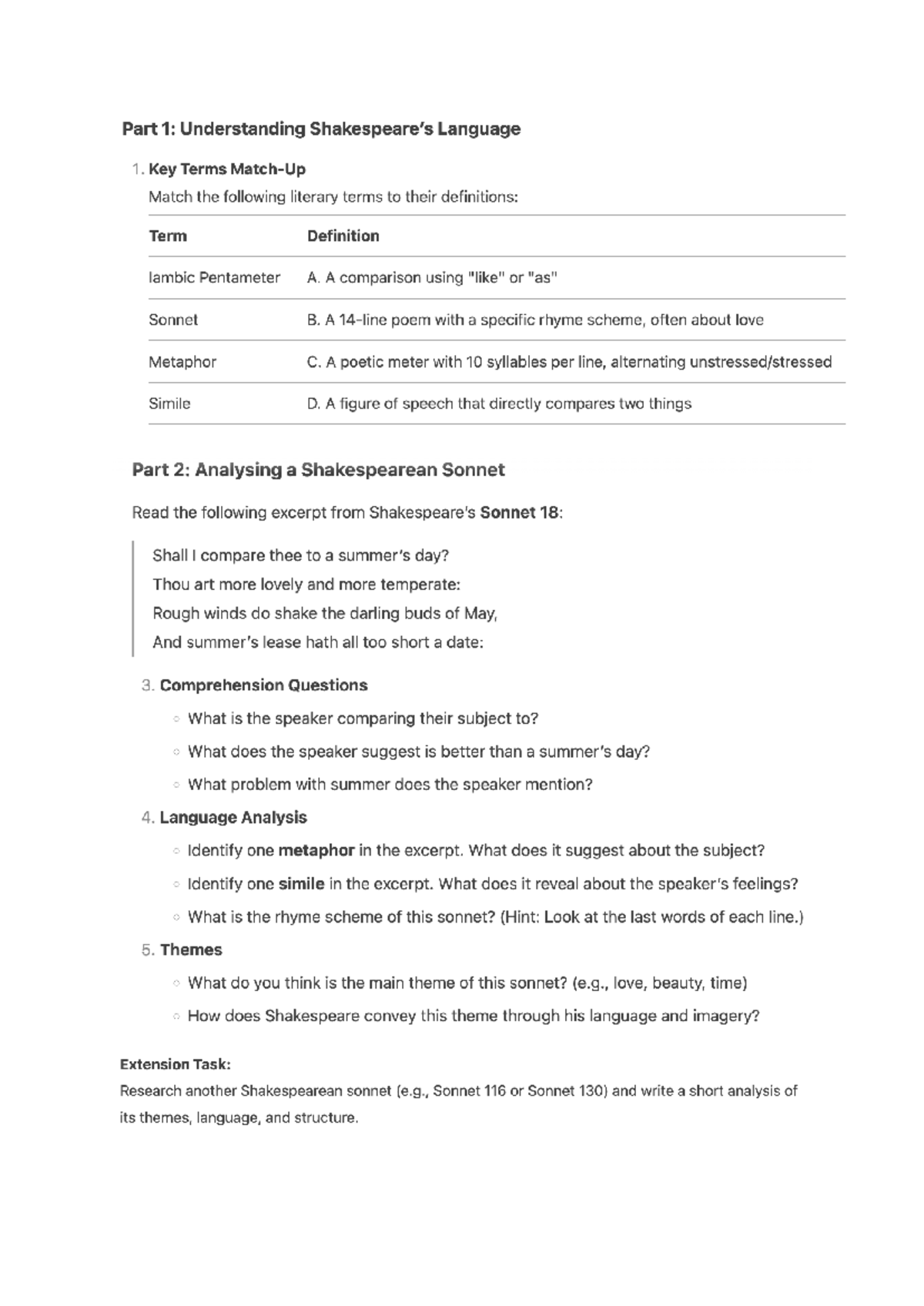 Shakespearean sonnet worksheet - Part 1: Understanding Language 1. Key ...