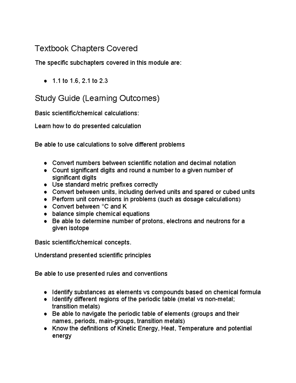 Study Guide for Chemistry Module: Concepts & Calculations (CHEM 101 ...