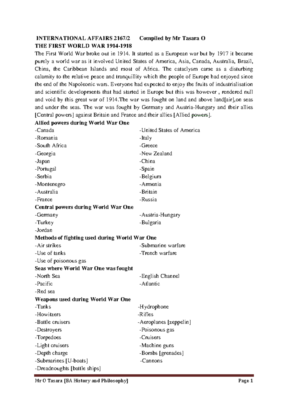 INTERNATIONAL AFFAIRS: The First World War Overview (HIST 101) - Studocu