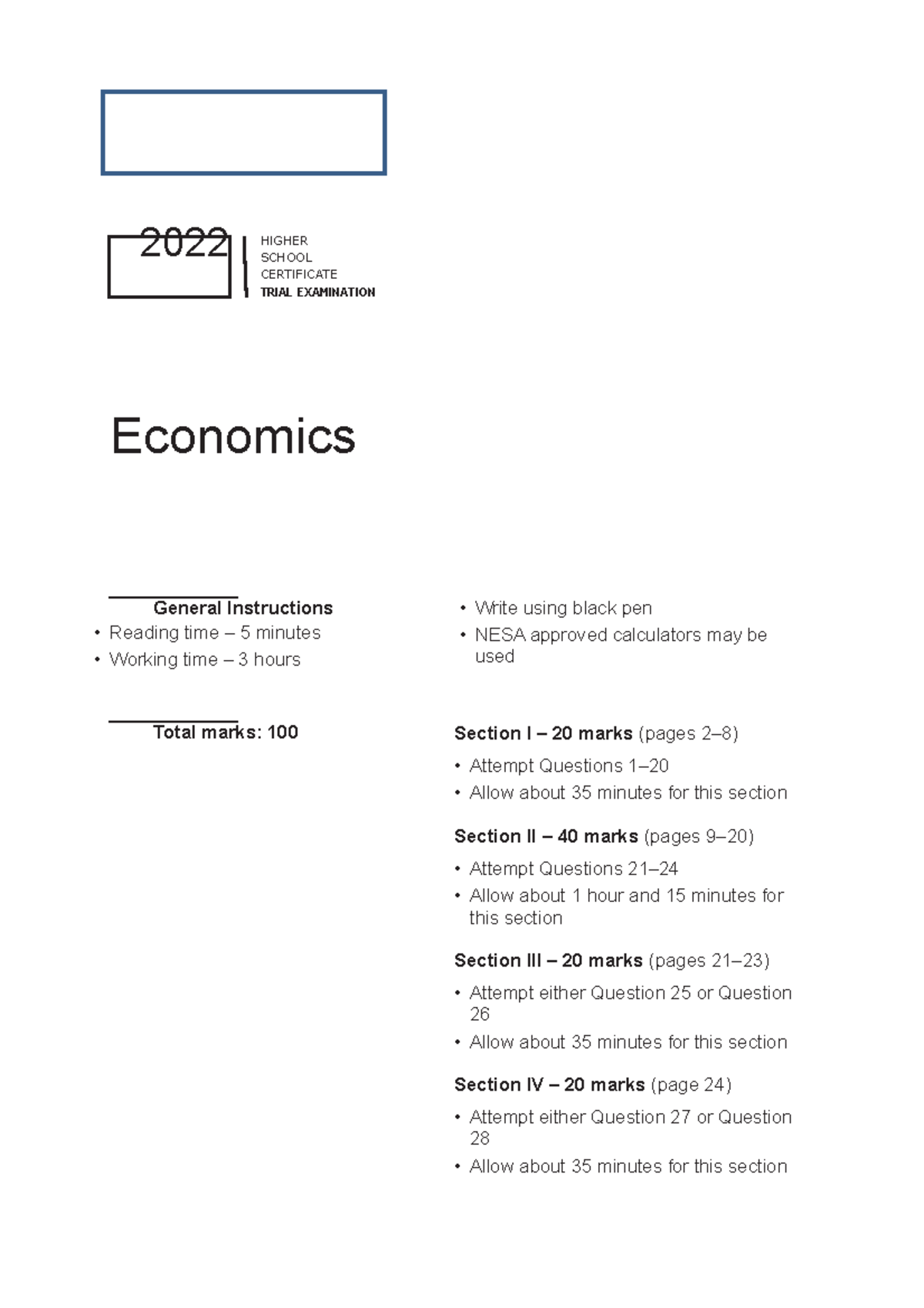 2022 HSC Economics Trial Exam: Comprehensive Question Breakdown - Studocu