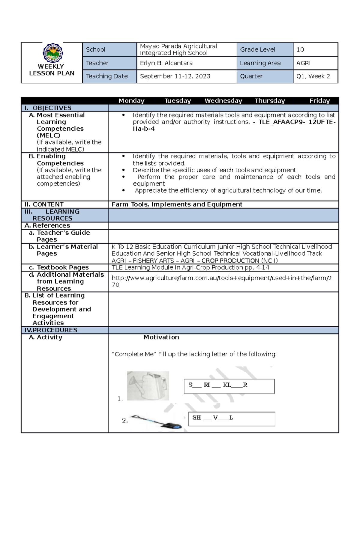 Agri-Crop Production G10 Q1 Lesson Plan - Week 2 Overview - Studocu