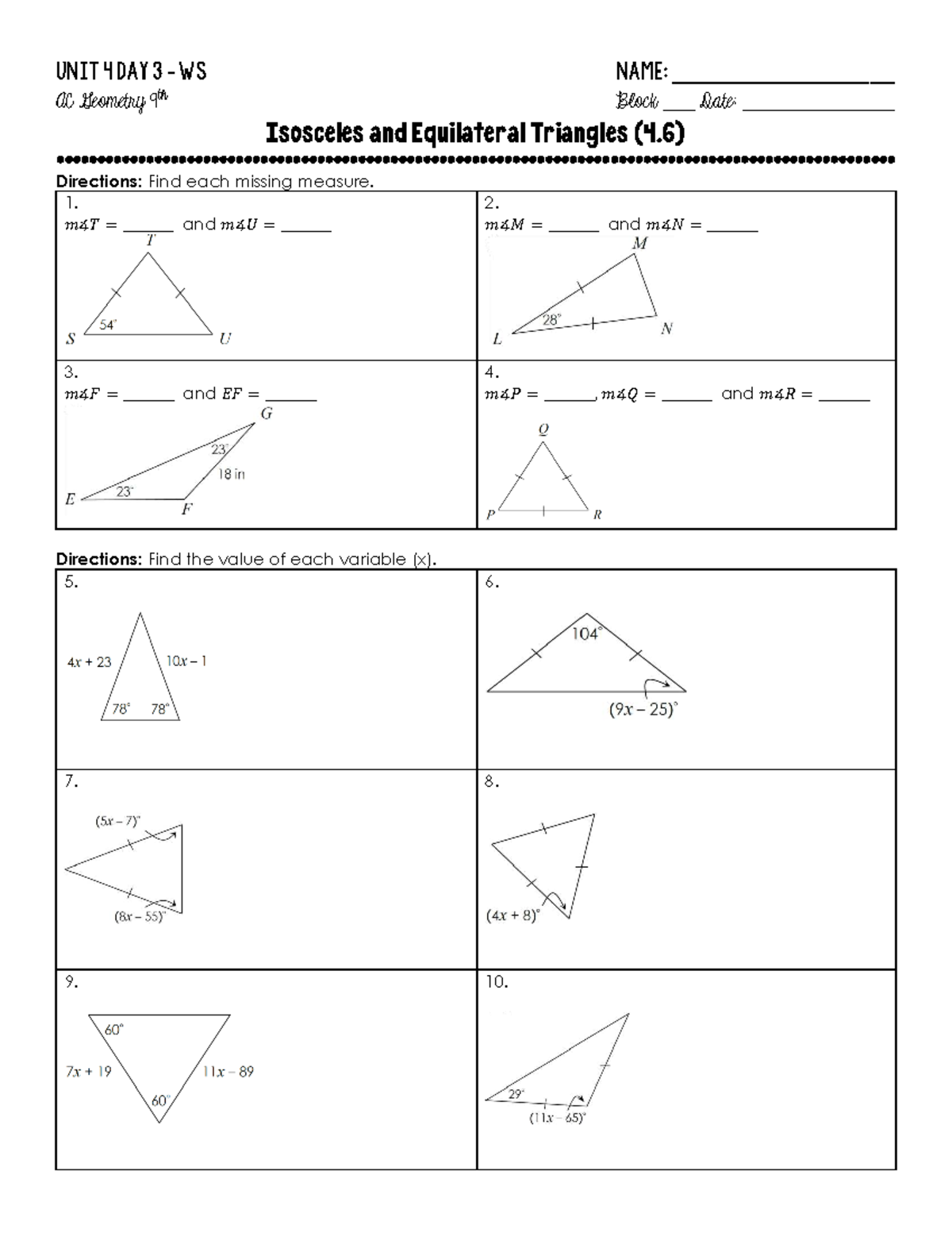 Unit 4 Day 3 WS: Isosceles & Equilateral Triangles (AC Geometry) - Studocu