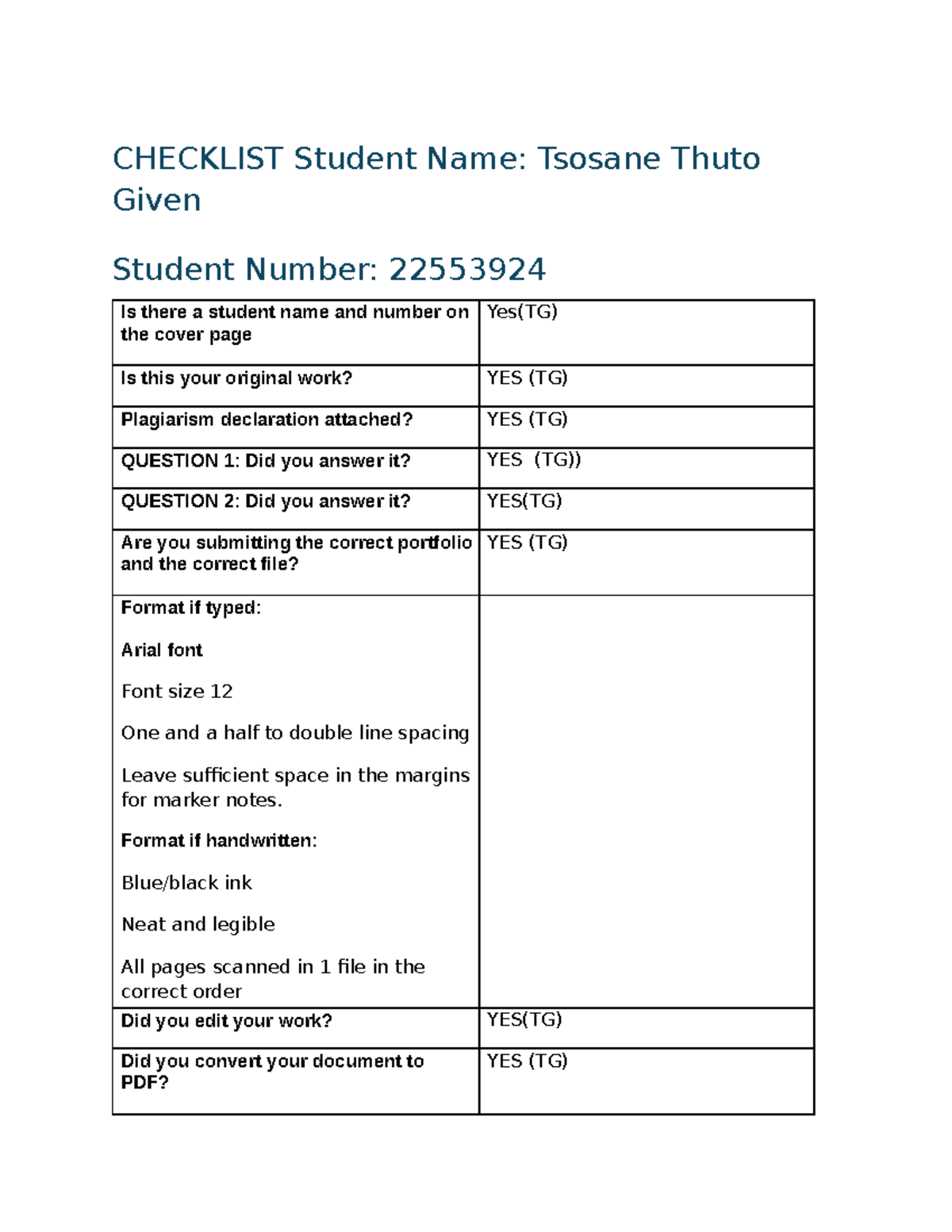 E6ykw-nti6k - CHECKLIST Student Name: Tsosane Thuto Given Student ...
