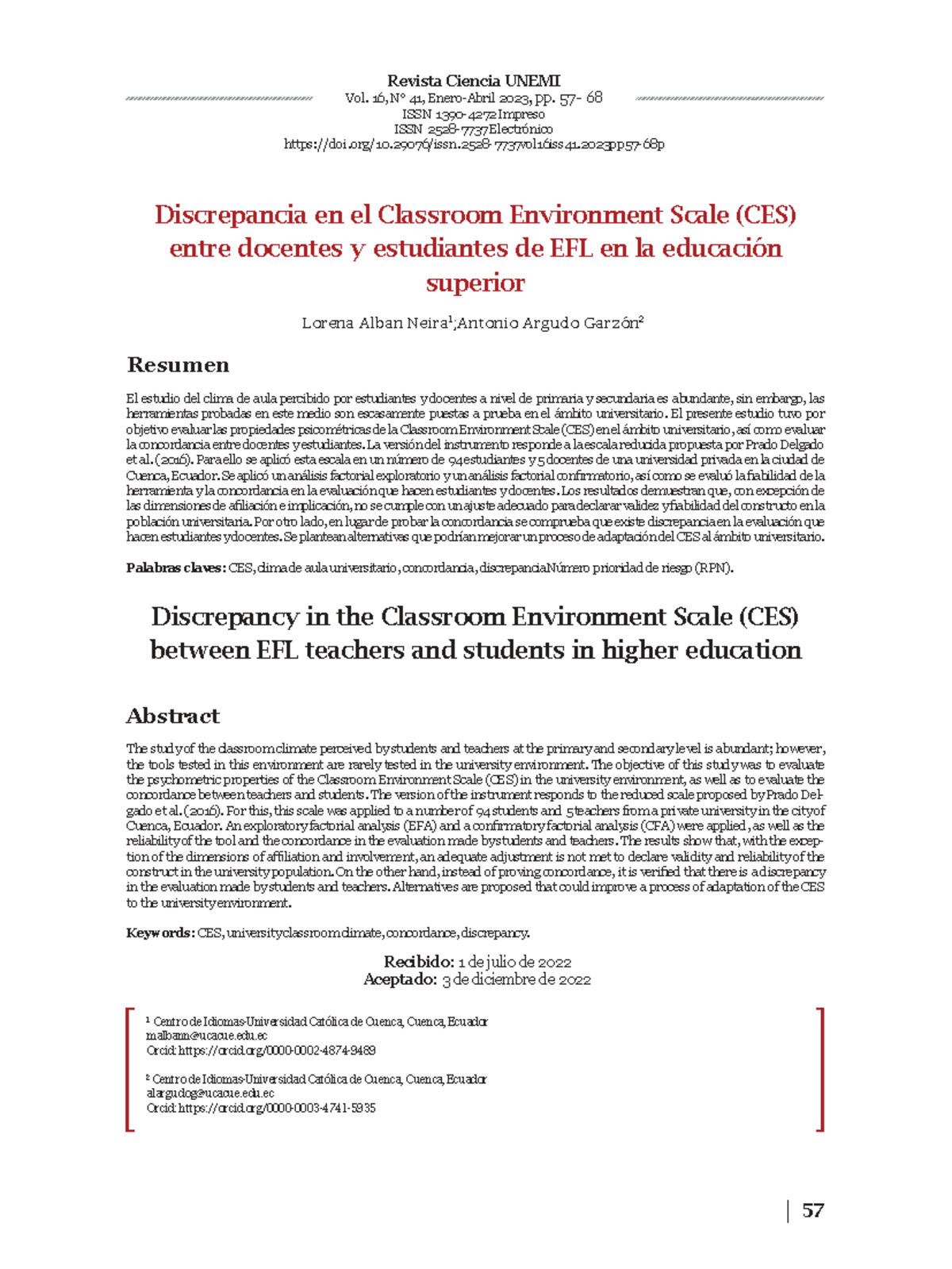 Discrepancia en el Classroom Environment Scale (CES) en EFL ...