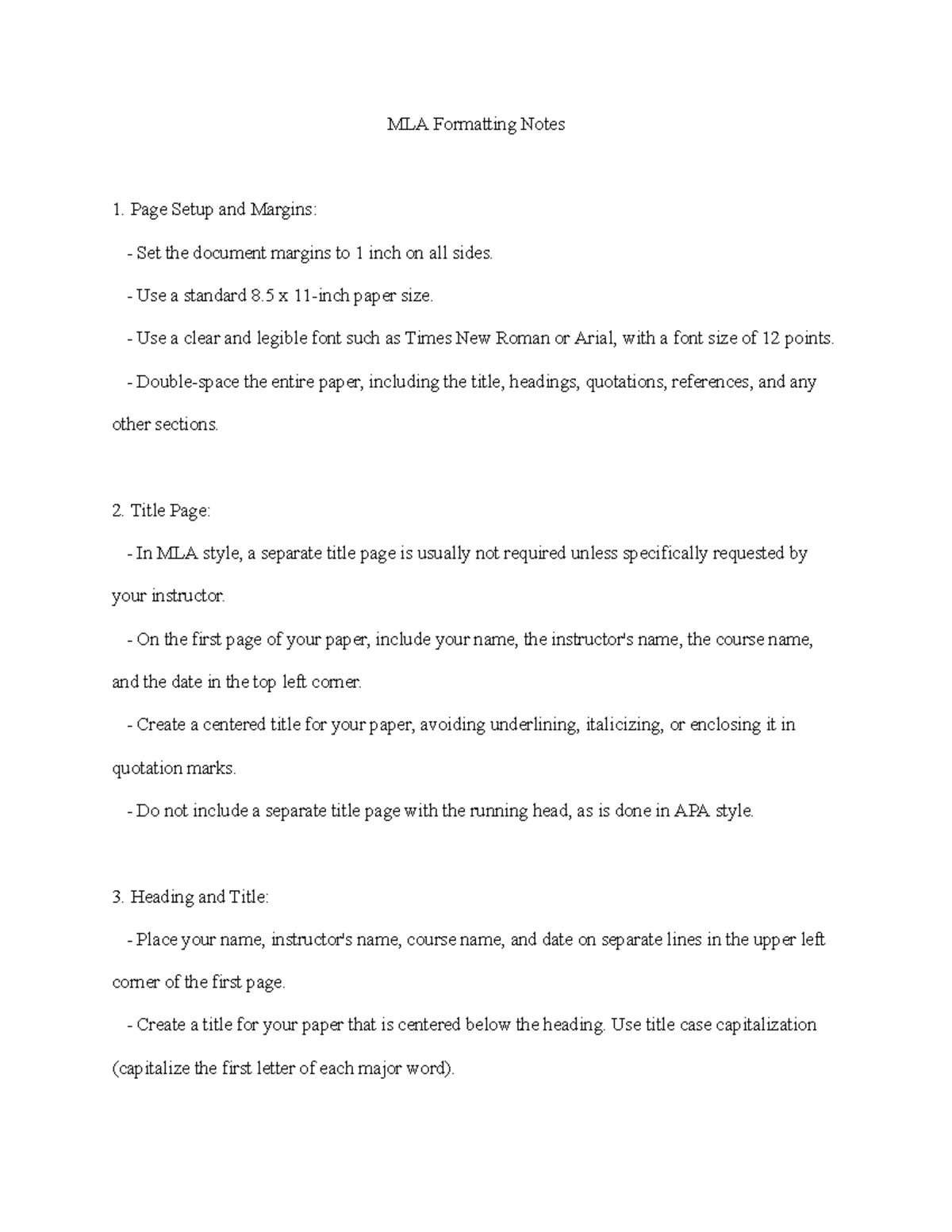 MLA Formatting Notes - MLA Formatting Notes Page Setup and Margins: Set ...