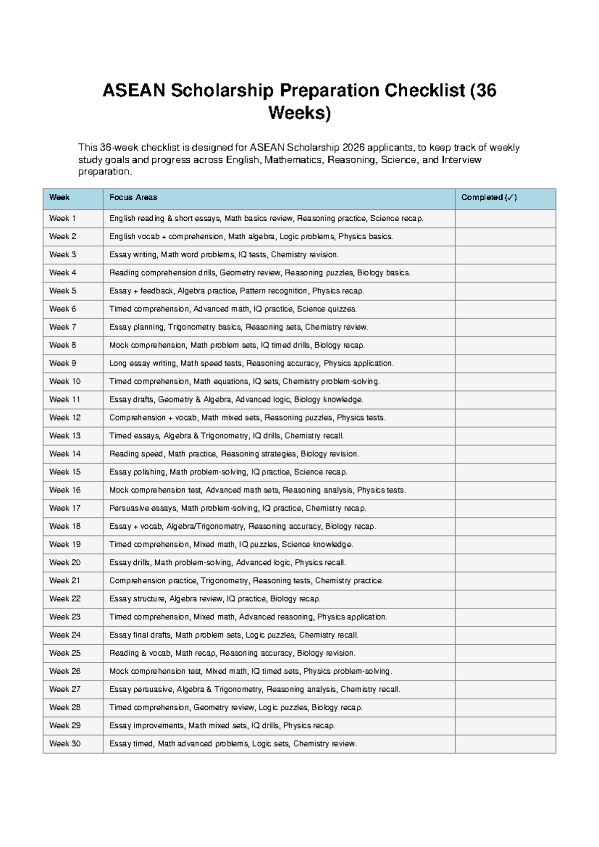 ASEAN Scholarship 2026: 36-Week Prep Checklist - Studocu