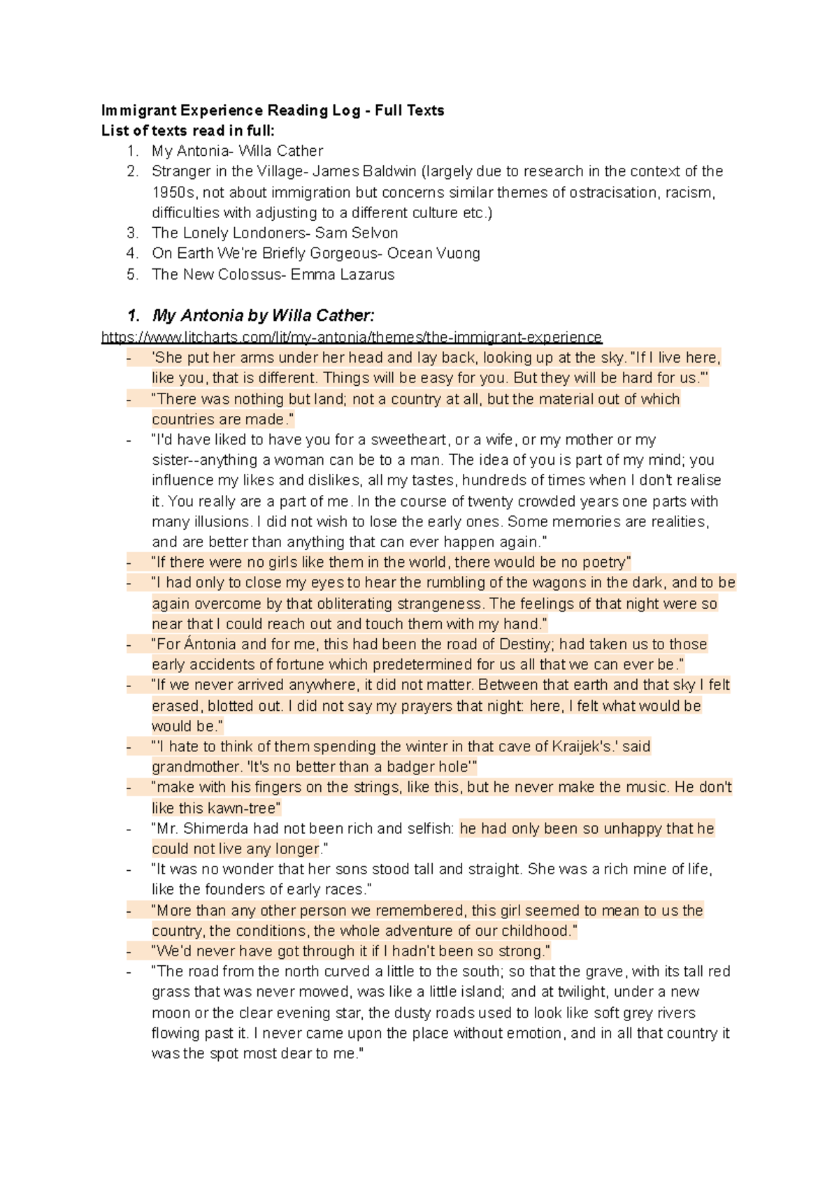 Immigrant Experience Literary Context: A Reading Log Analysis - Studocu