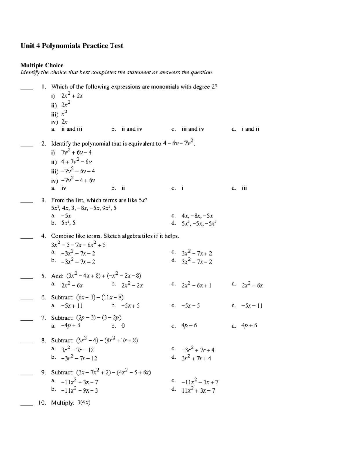 Unit 4 Polynomials Practice Test: Multiple Choice Questions - Studocu