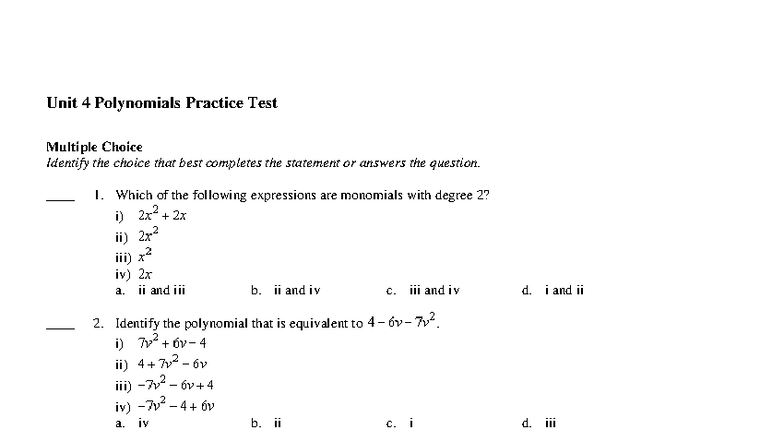 Unit 4 Polynomials Practice Test: Multiple Choice Questions - Studocu