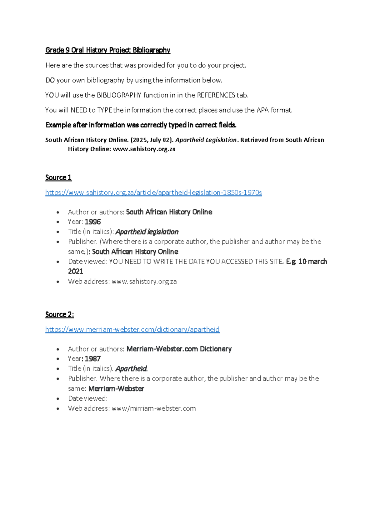 Grade 9 Oral History Project: Bibliography Guidelines - Studocu
