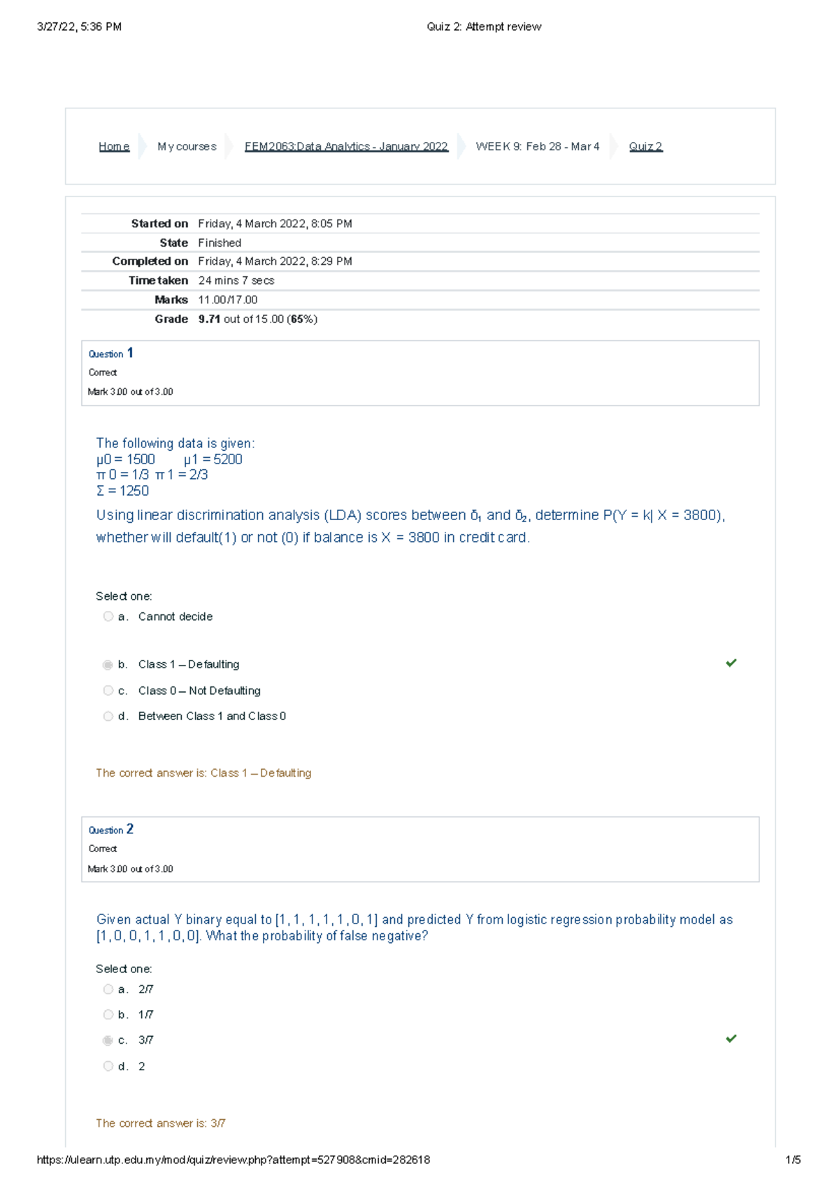 FEM2063: Data Analytics Quiz 2 Attempt Review and Solutions - Studocu