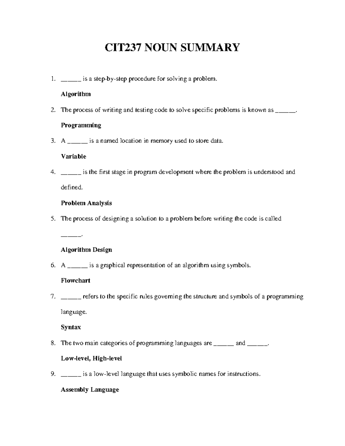 CIT237 Summary of Key Programming Concepts and Terminology - Studocu