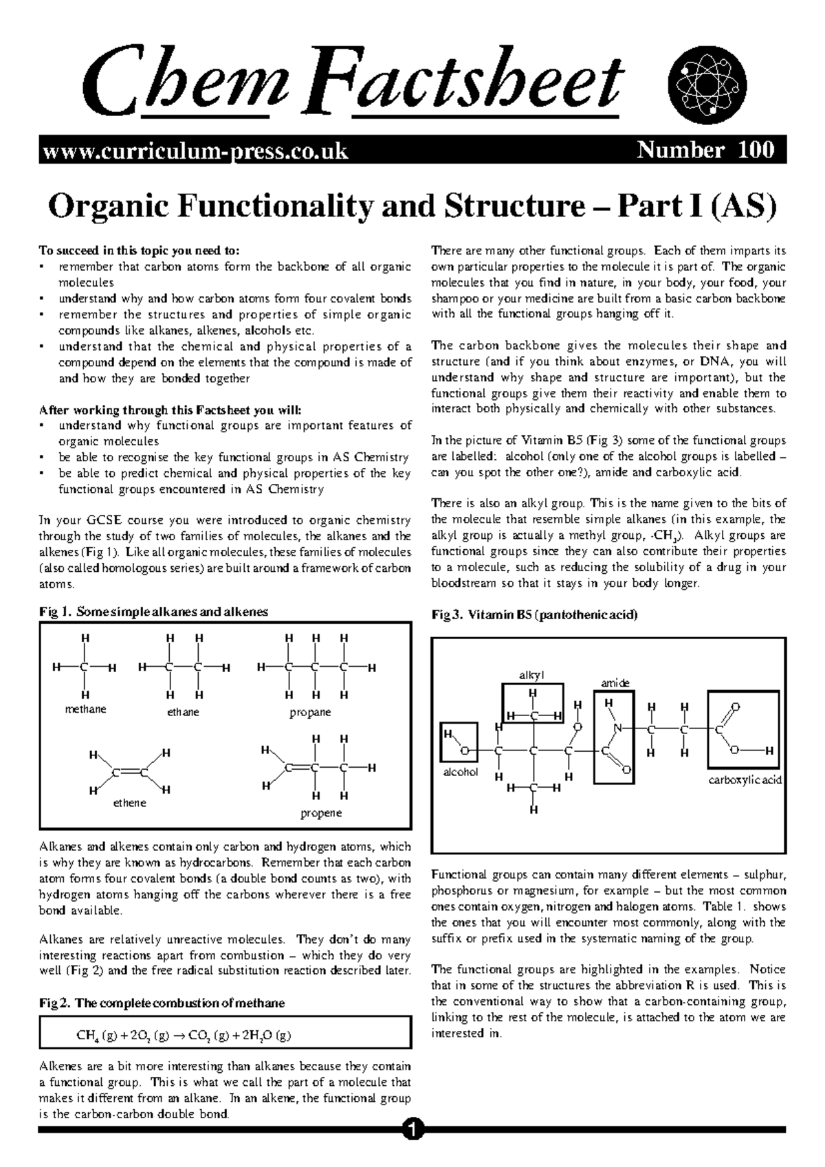 Chem Factsheet 100: Organic Functionality & Structure Part I (AS) - Studocu