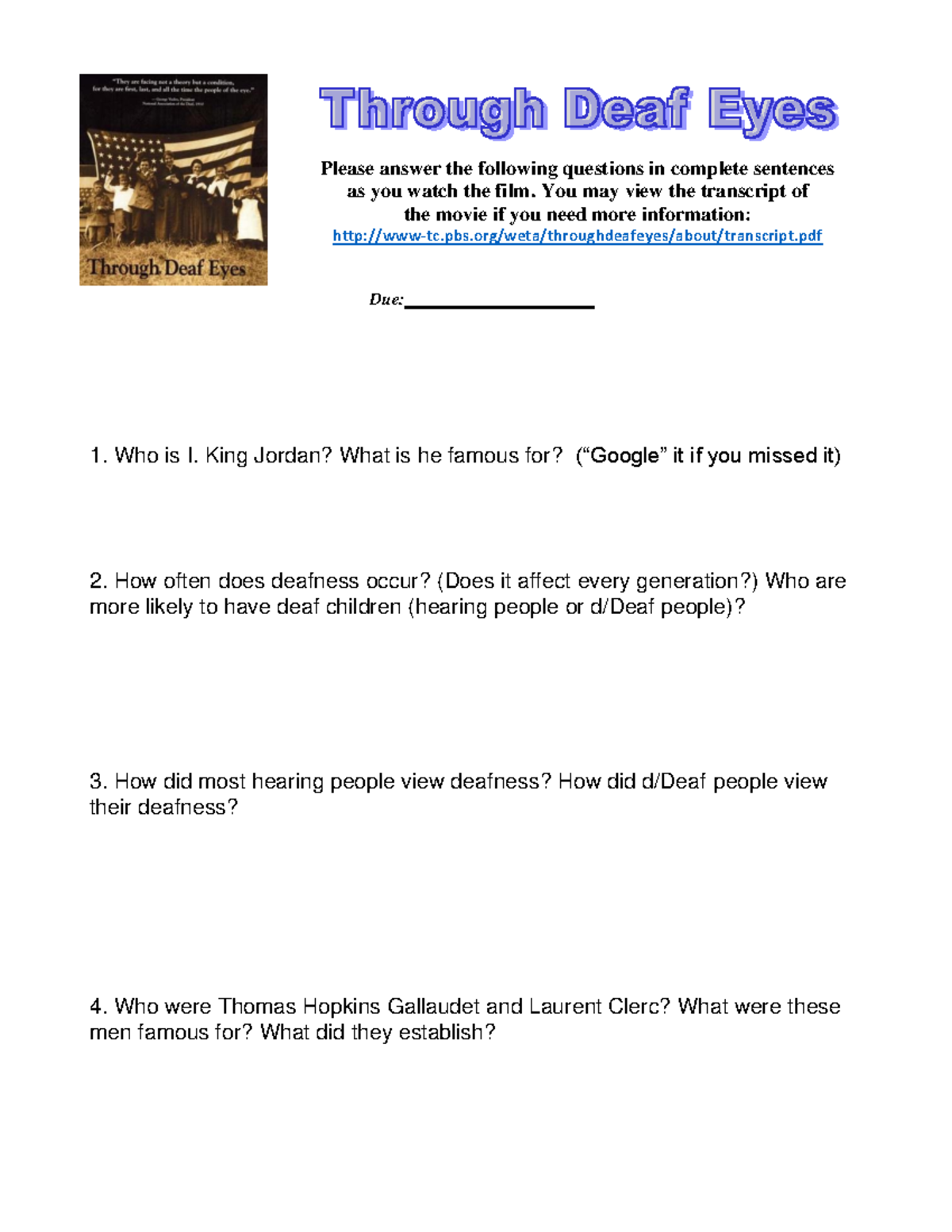 Through Deaf Eyes Film Questions and Discussion Guide - Studocu