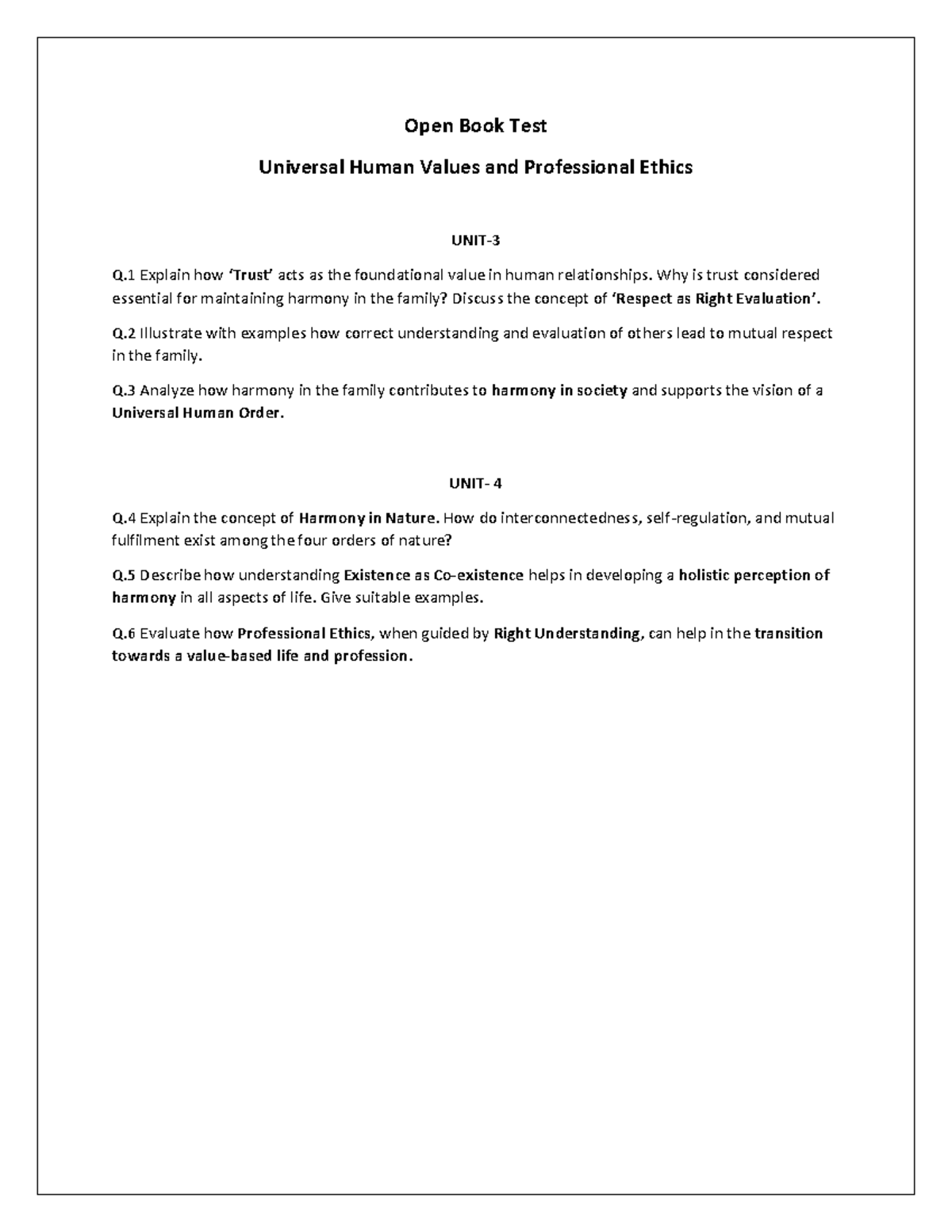 Open Book Test: Universal Human Values & Professional Ethics - Studocu