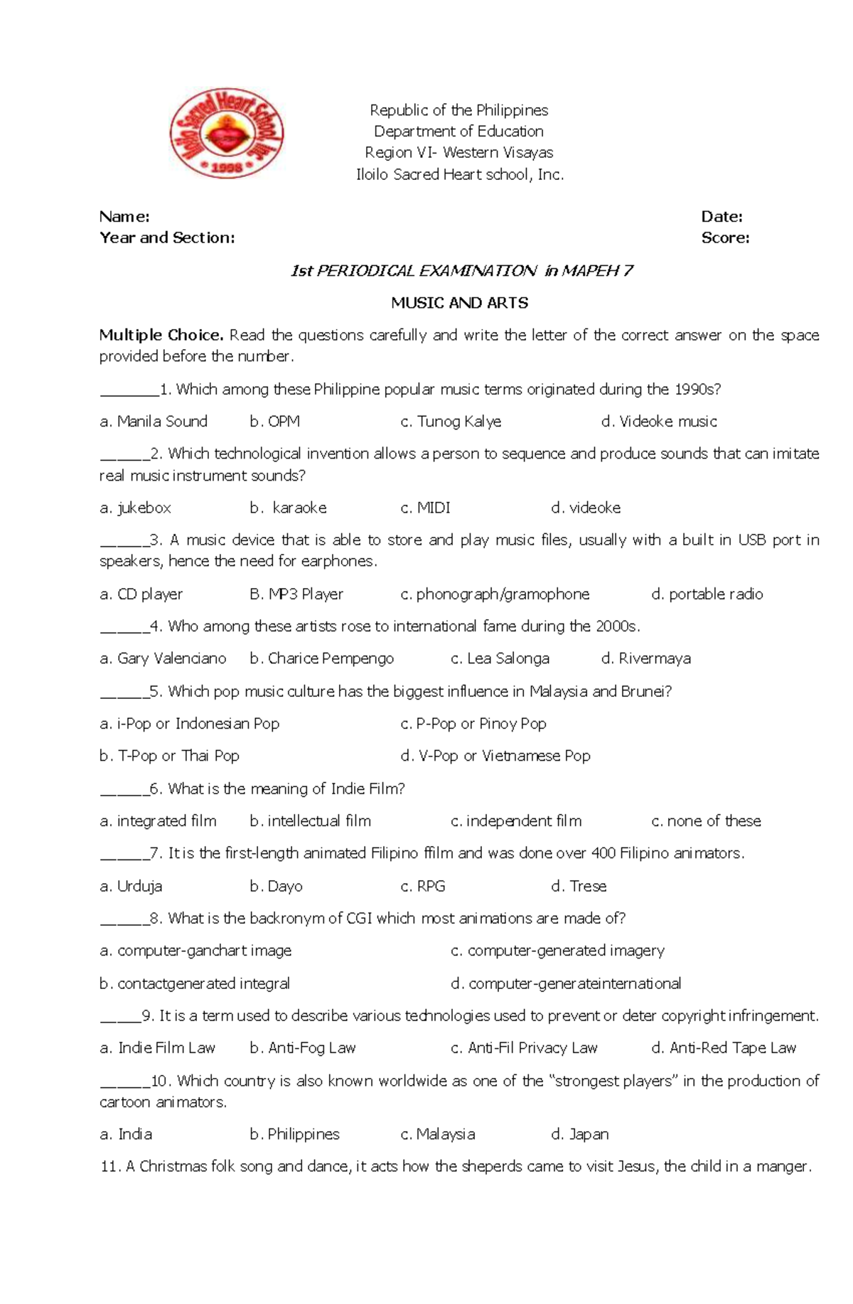 MAPEH 7 1st Periodical Exam Review 2024-2025 - Studocu