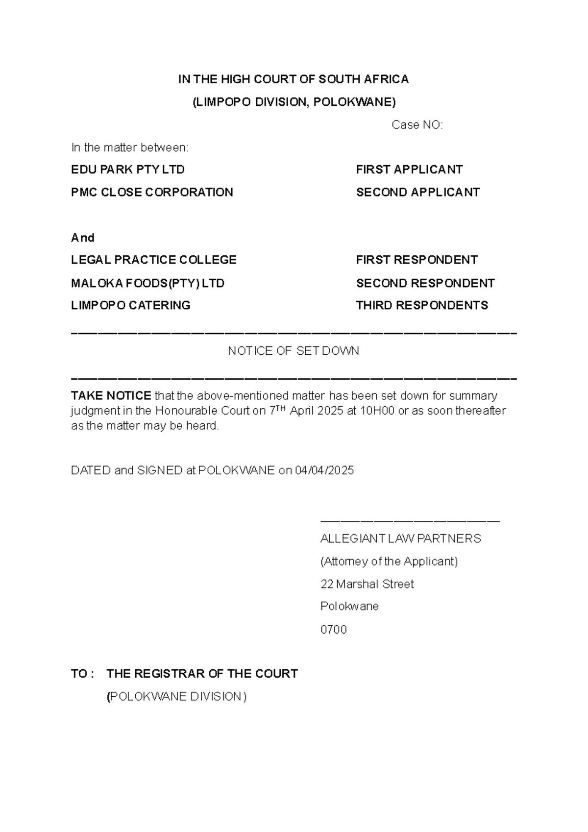 Notice of Set Down for Summary Judgment - Case No: High Court Limpopo ...