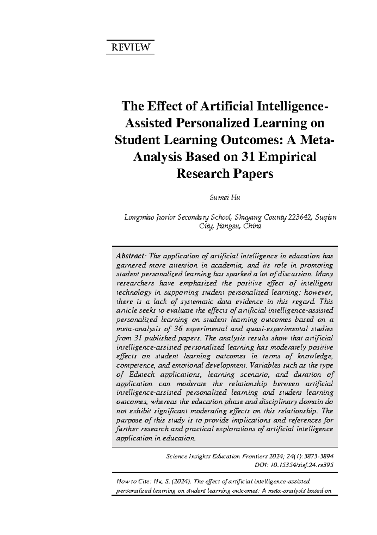 The Impact of AI-Assisted Personalized Learning on Student Outcomes: A ...