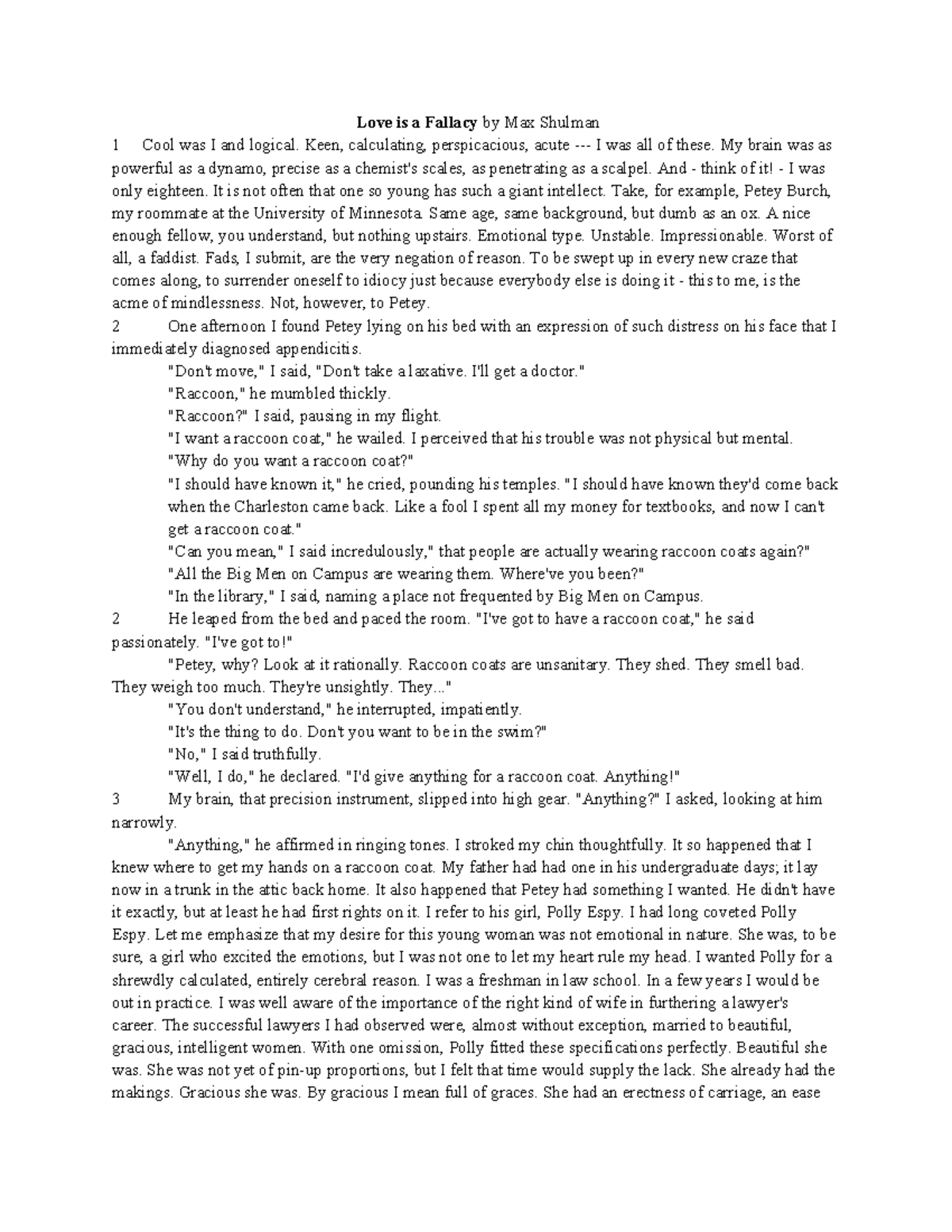 Love is a Fallacy: Analyzing Logic and Emotion in Relationships - Studocu