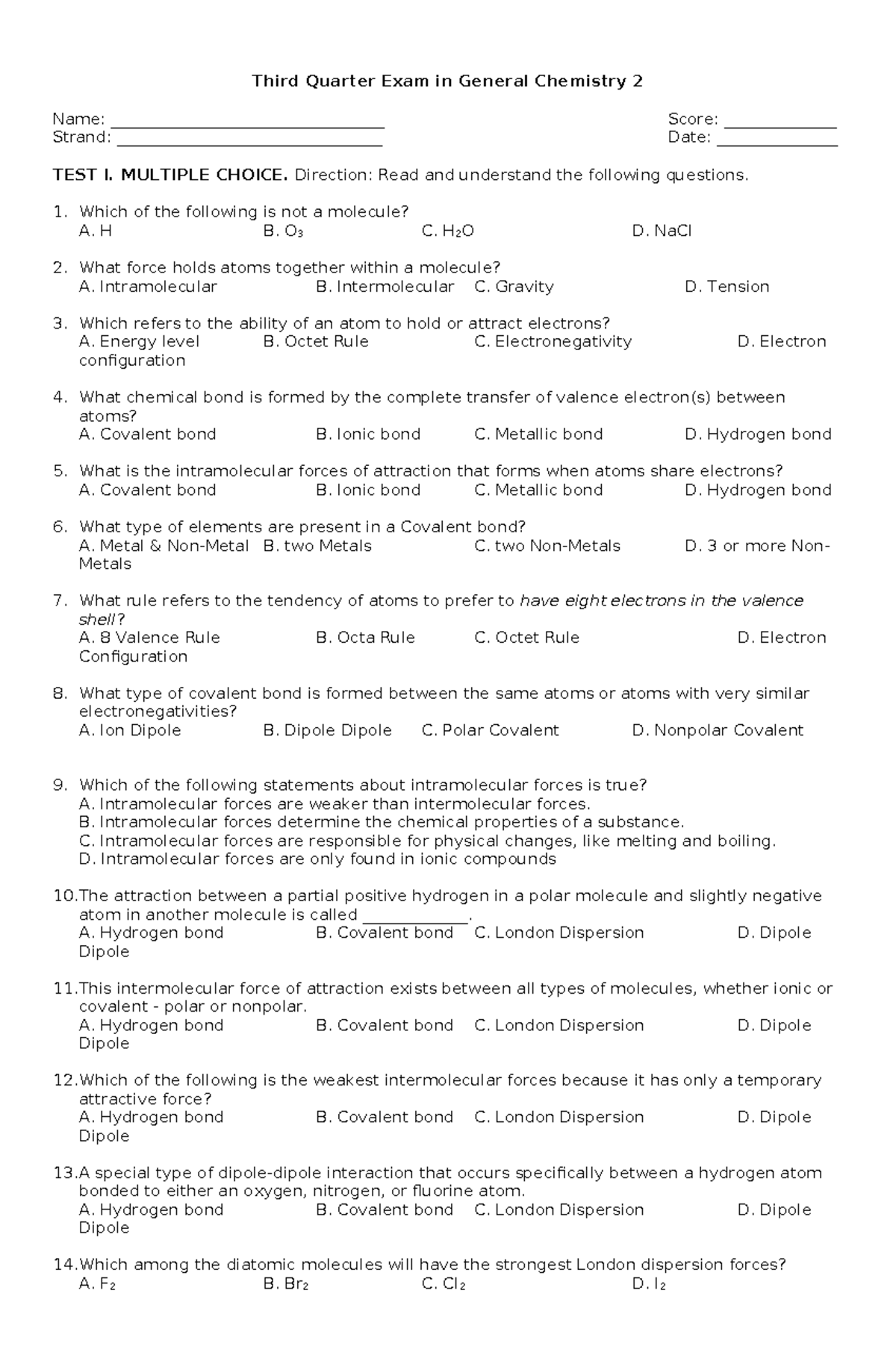 Q3 Gen Chem 2 - Final Exam Review and Practice Questions - Studocu