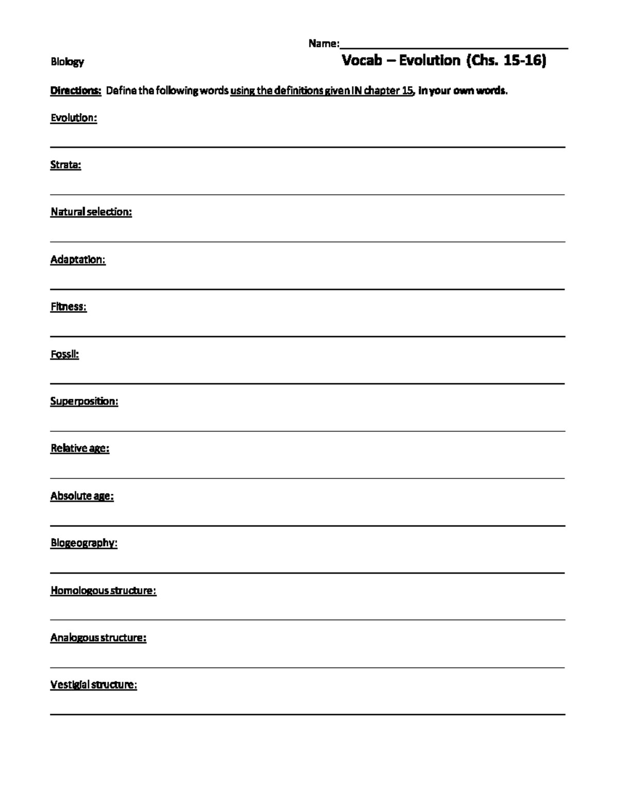 Vocab+Evolution+Ch+15-16 - Name: Biology Vocab Evolution (Chs ...