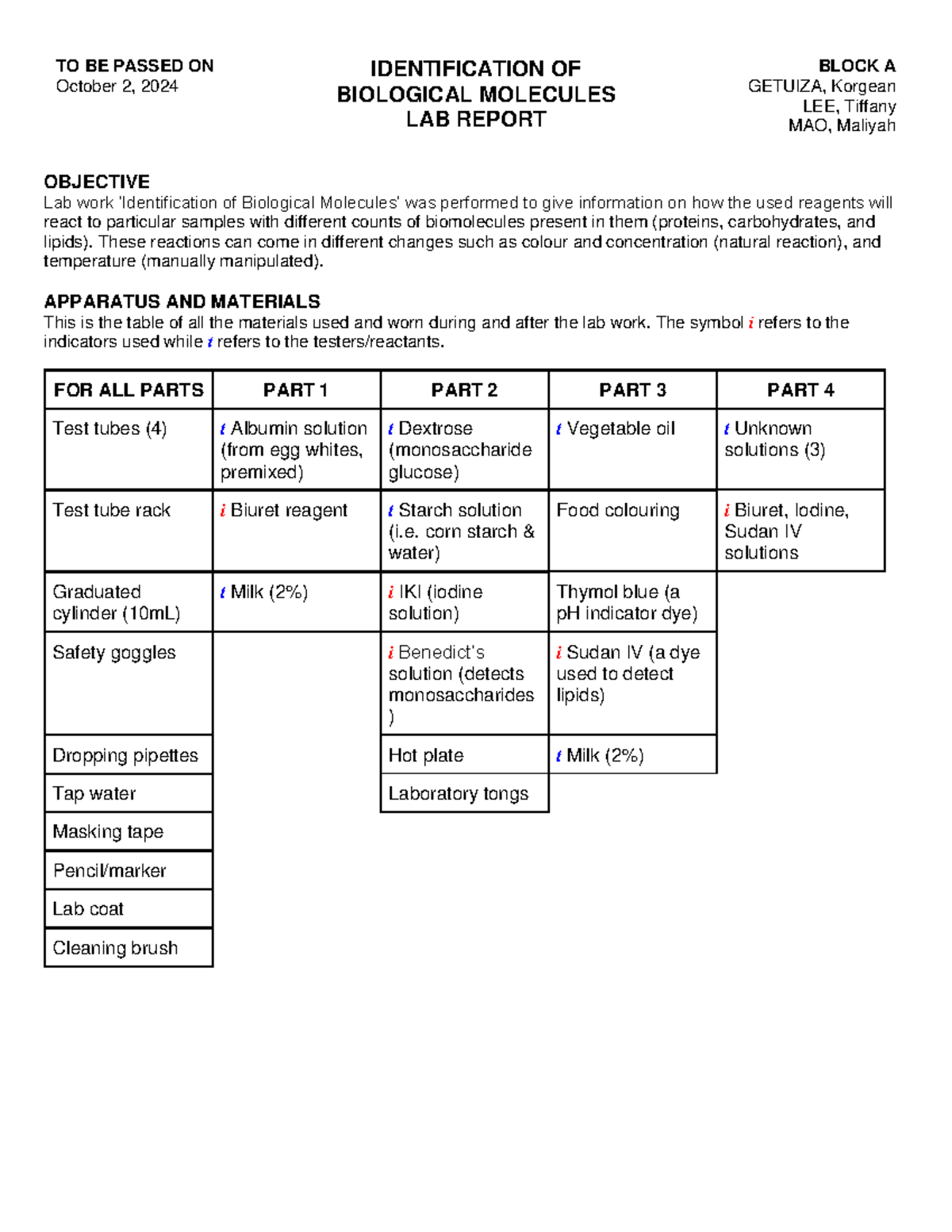 Identification of Biological Molecules Lab Report (ANAP 12) - Block A ...