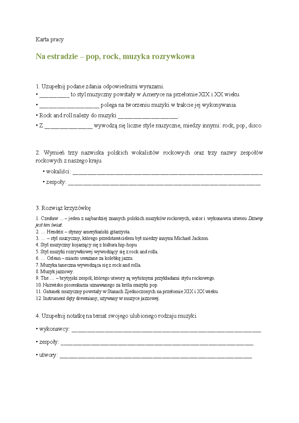 Karta pracy: Muzyka Pop i Rock - Uzupełnienia i Krzyżówki - Studocu