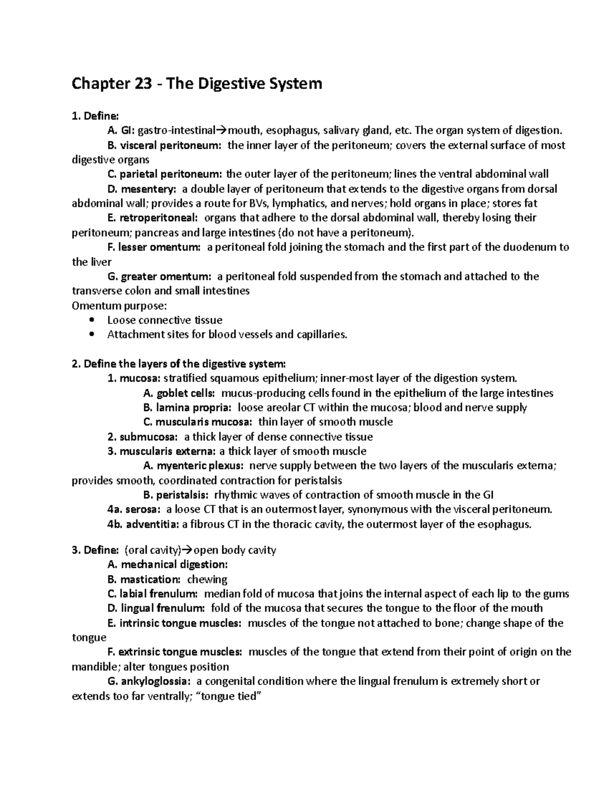 Chapter 23 student notes - Chapter 23 - The Digestive System Define: A ...
