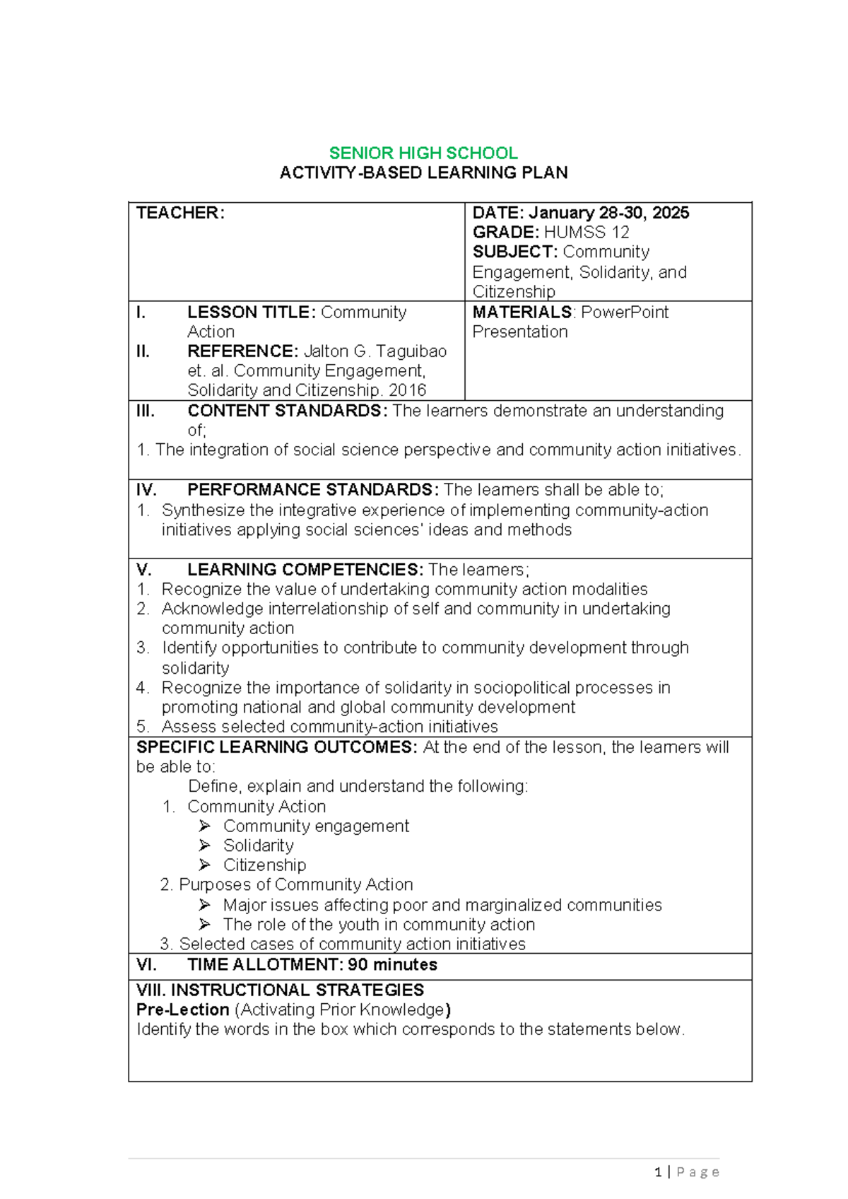 HUMSS 12 CESC Lesson Plan: Community Engagement & Action Strategies ...
