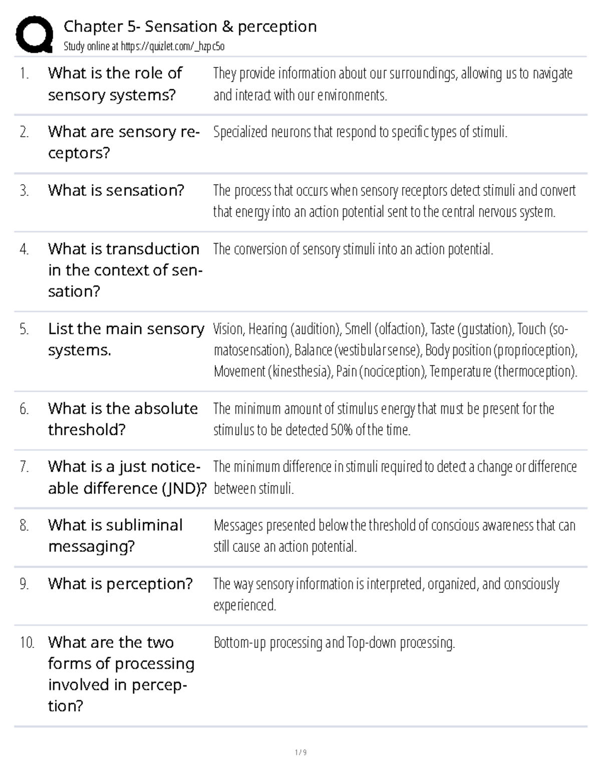 Chapter 5: Sensation & Perception Study Guide - Studocu