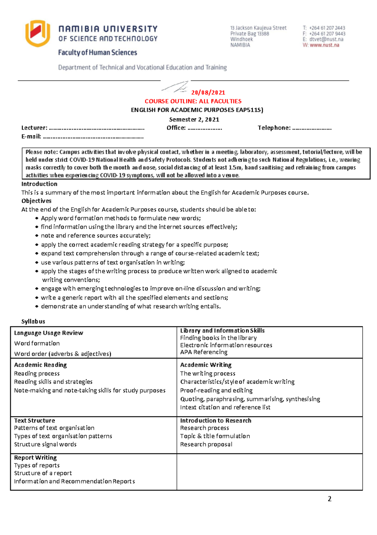 EAP511S S2 2021 Detailed Course Outline and Schedule - Studocu