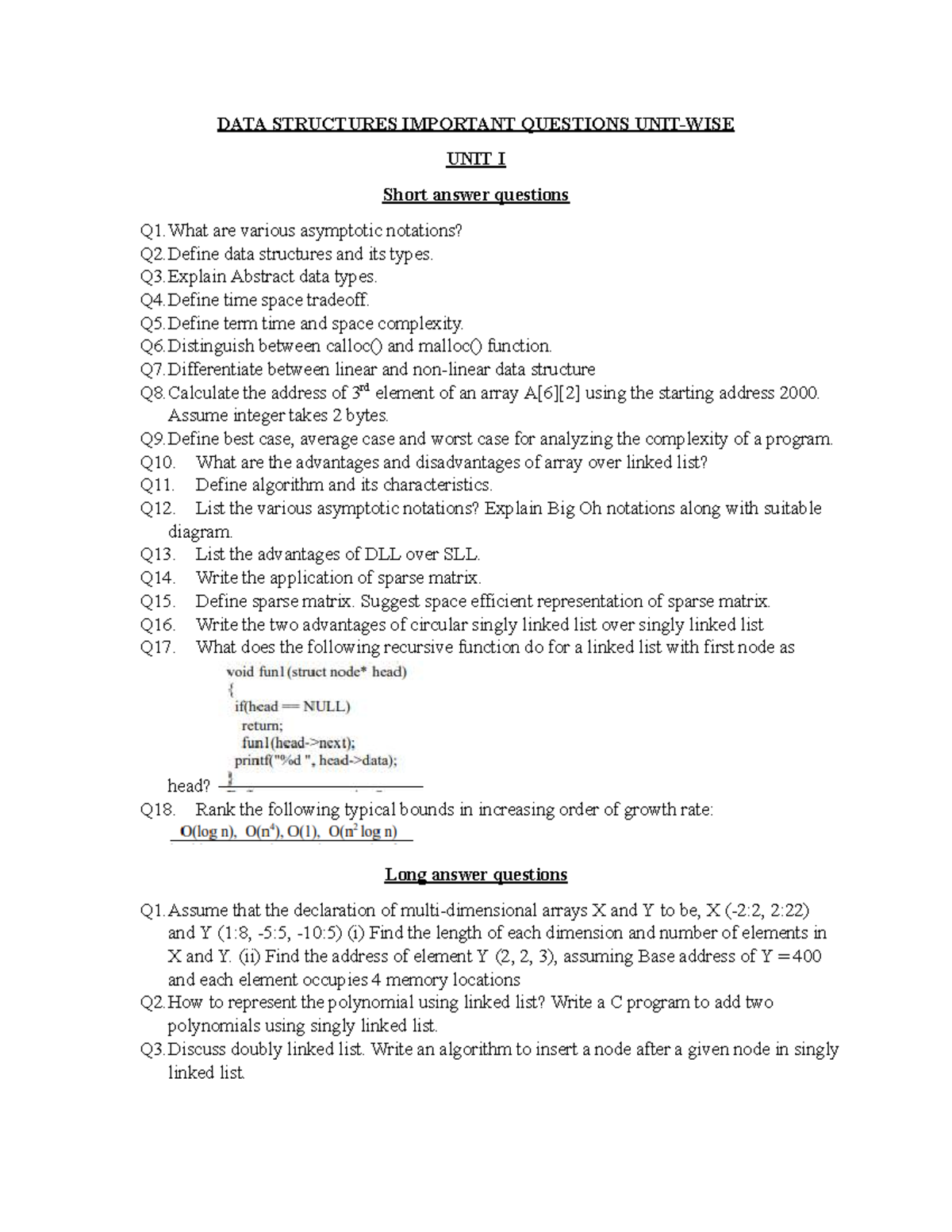 Question Bank for DSBCS 301: Data Structures Important Questions - Studocu